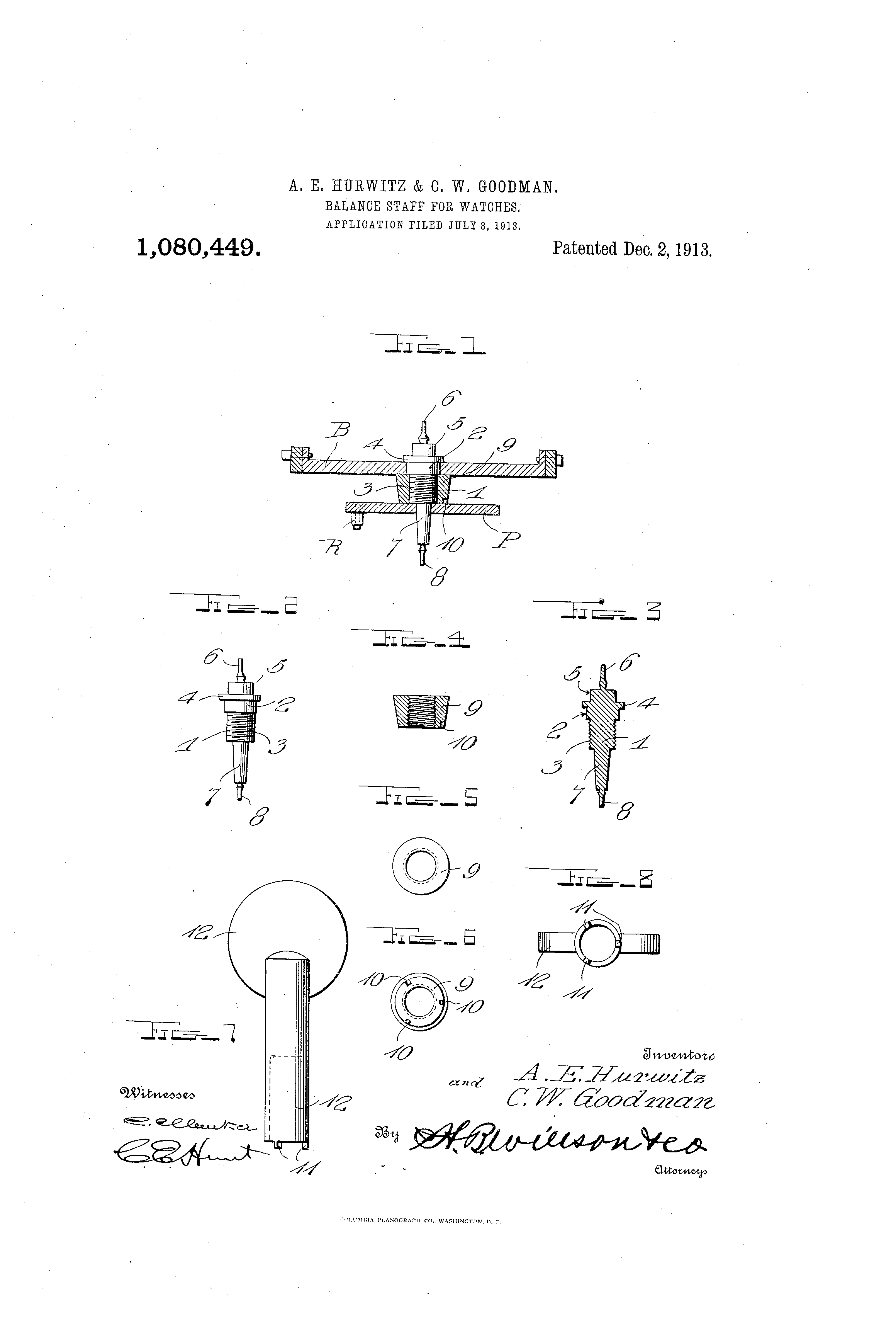 Patent Watch Balance Staff by Aaron E. Hurwitz Issued Dec 2, 1913