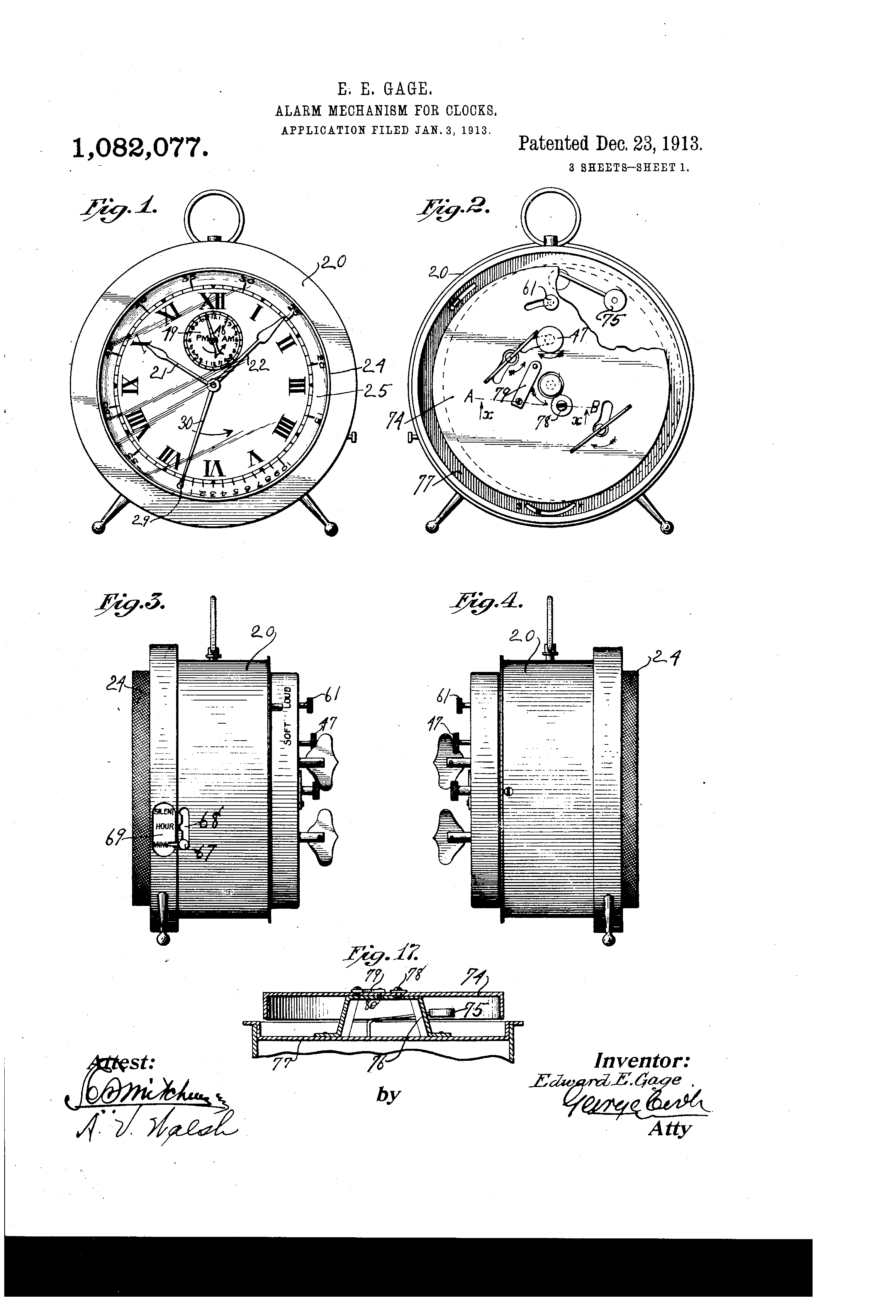 Patent Clock Alarm by Edward E. Gage Issued Dec 23, 1913