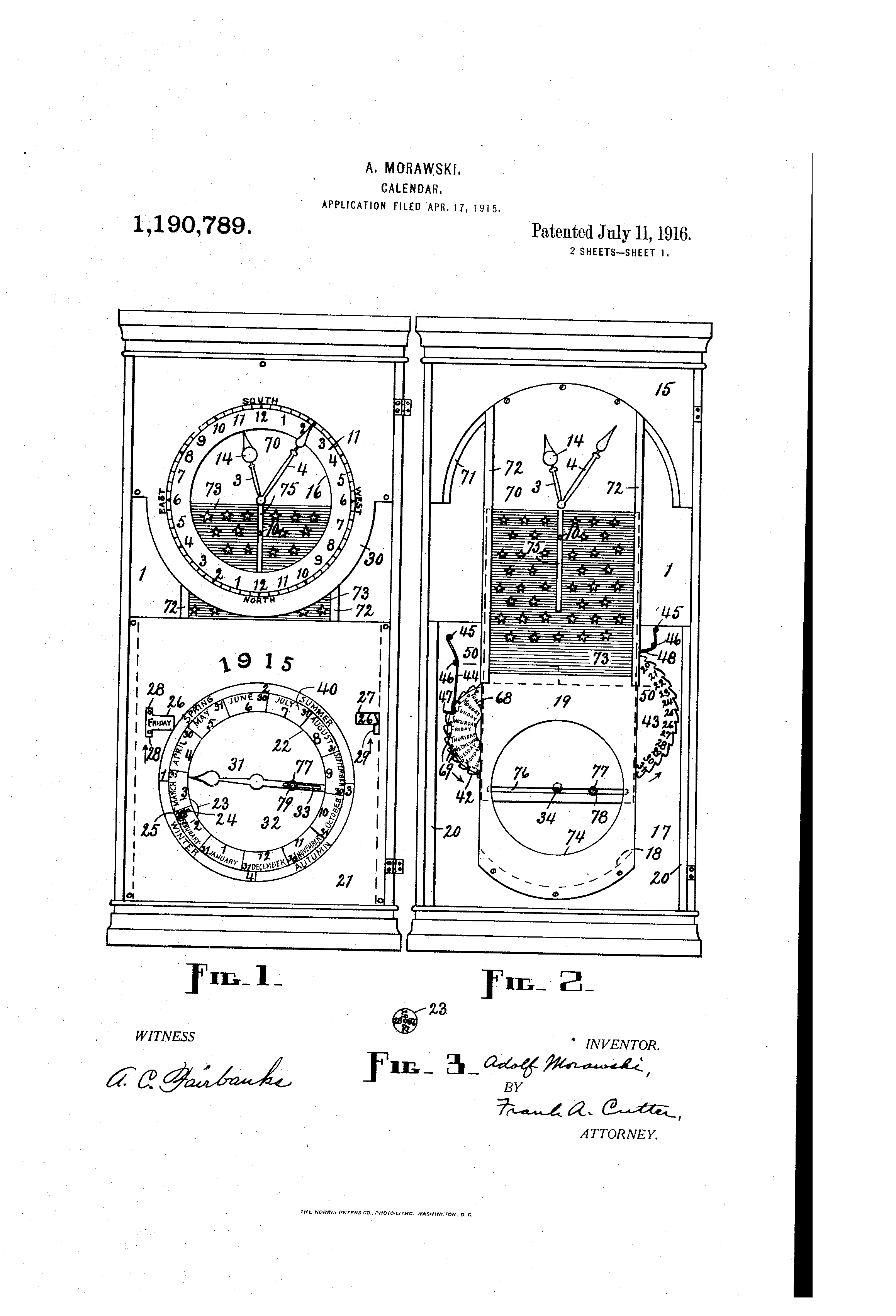 Patent Clock Calendar by Adolf Morawski Issued Jul 11, 1916