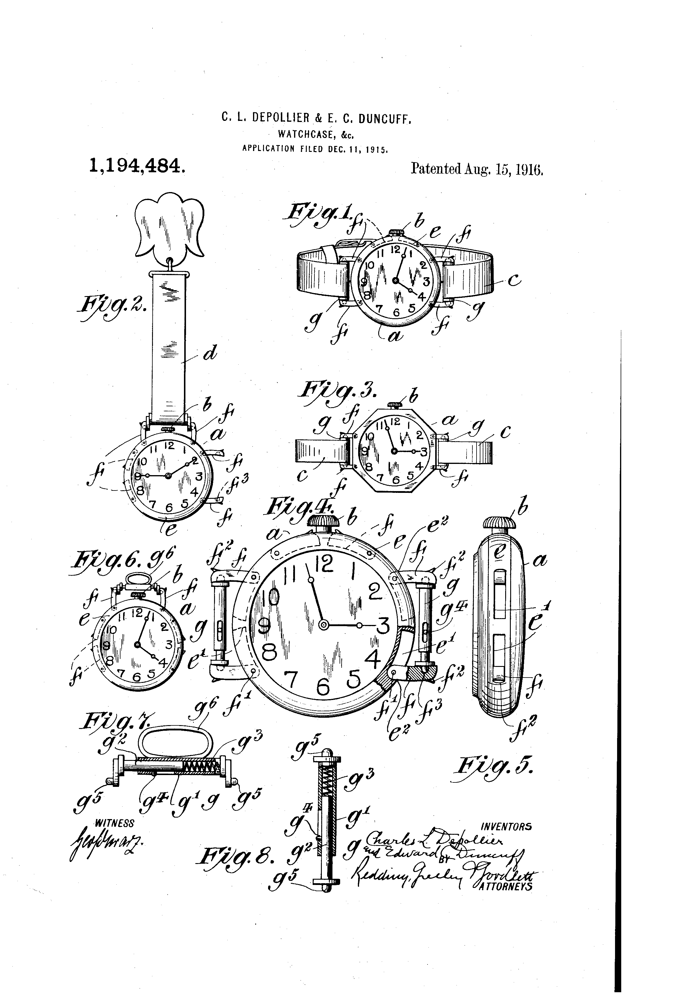 Patent Watch Case by Edward C. Duncuff Issued Aug 15, 1916