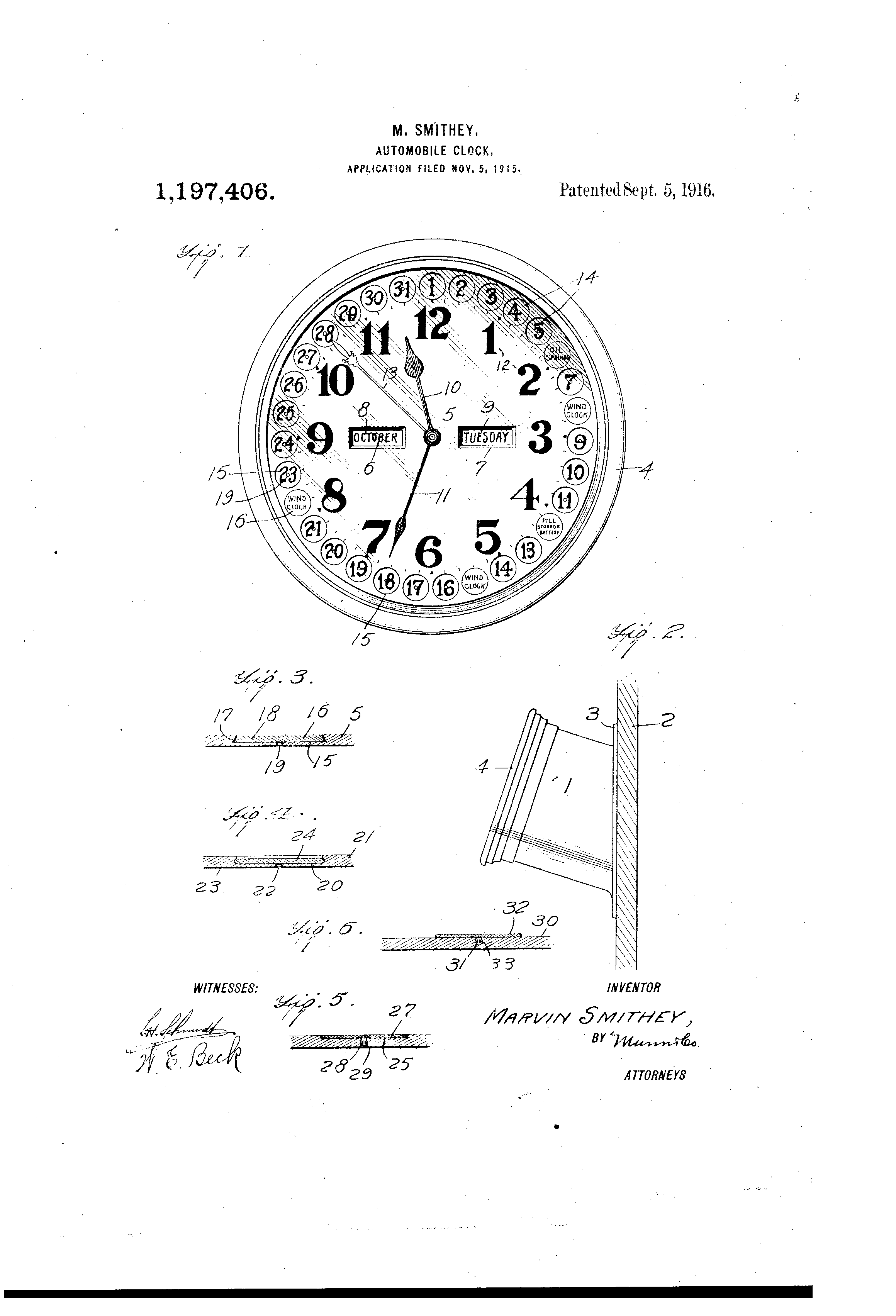 Patent Clock Auto by Marvin Smithey Issued Sep 5, 1916