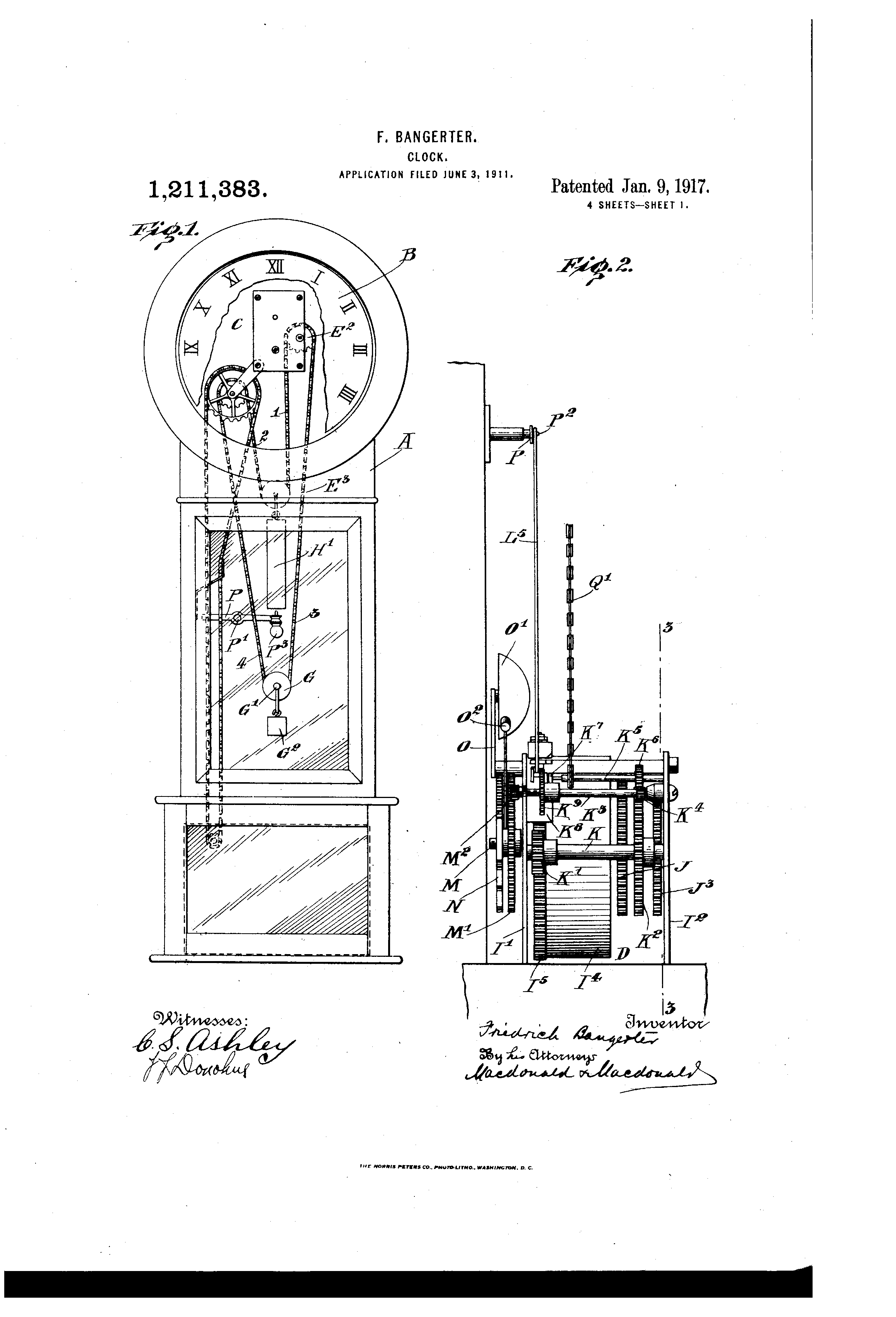 Patent Clock Clock Remontoir by Friedrich Bangerter Issued Jan 9, 1917