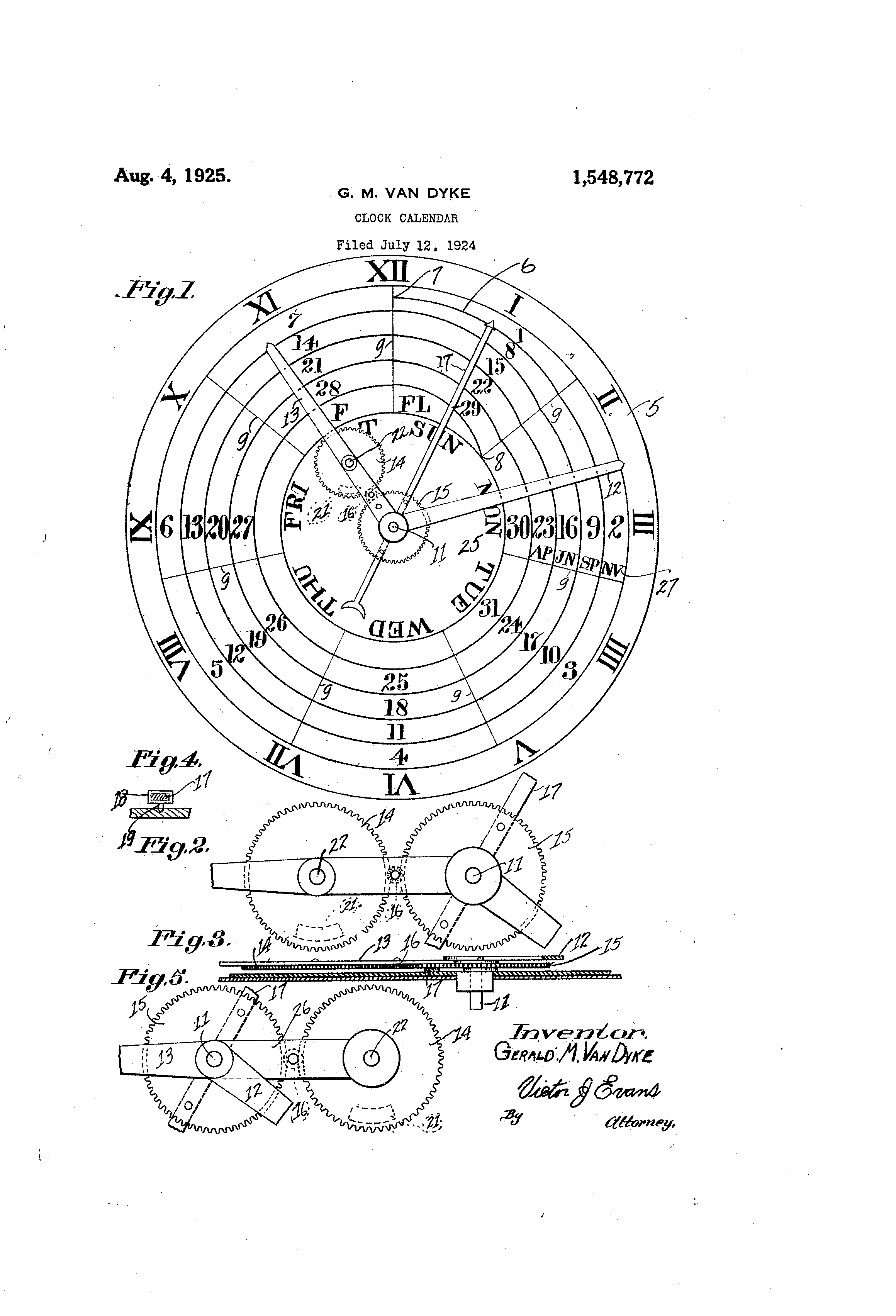 Patent Clock Calendar by Dyke Gerald Mason Van Issued Aug 4, 1925