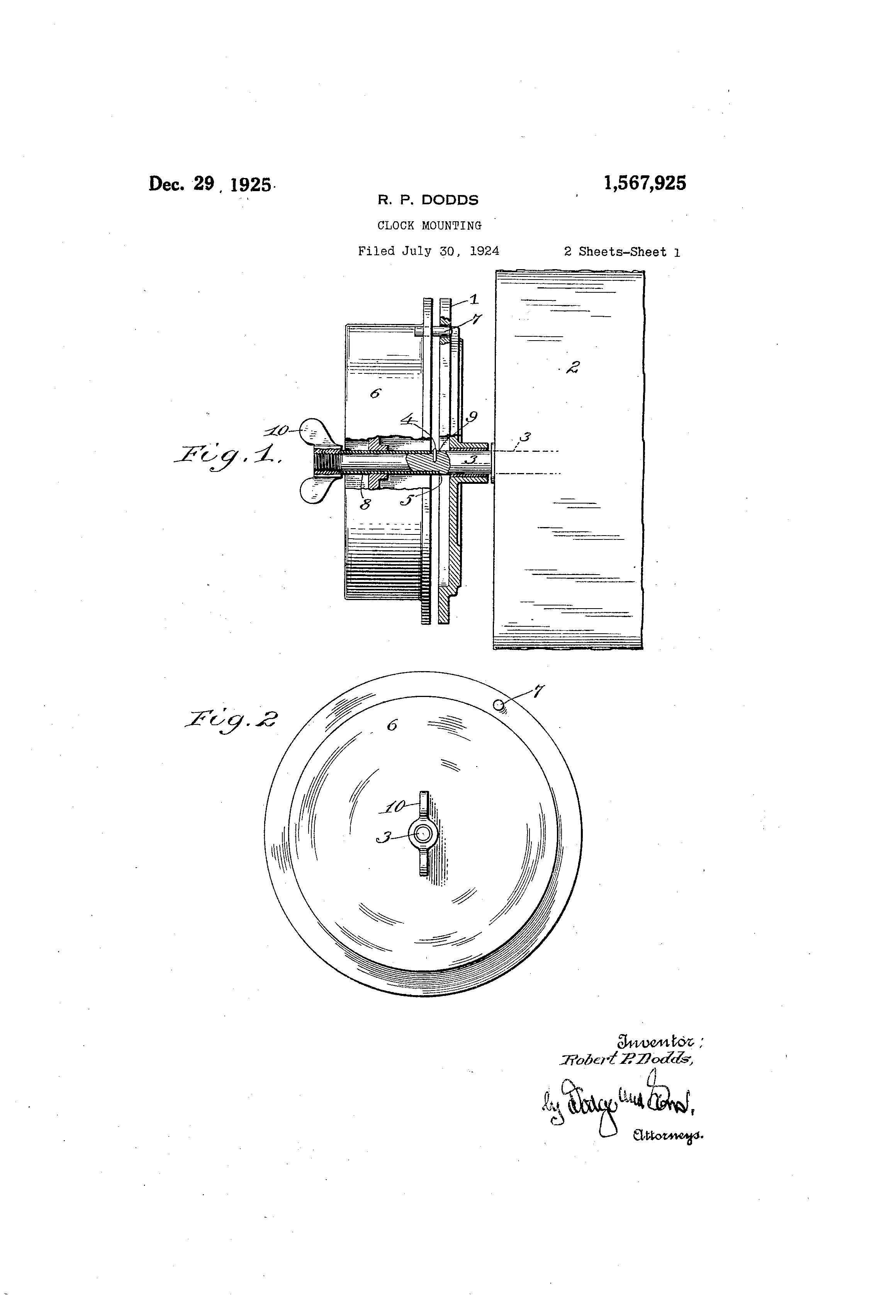 Patent Clock Mount by Robert P. Dodds Issued Dec 29, 1925