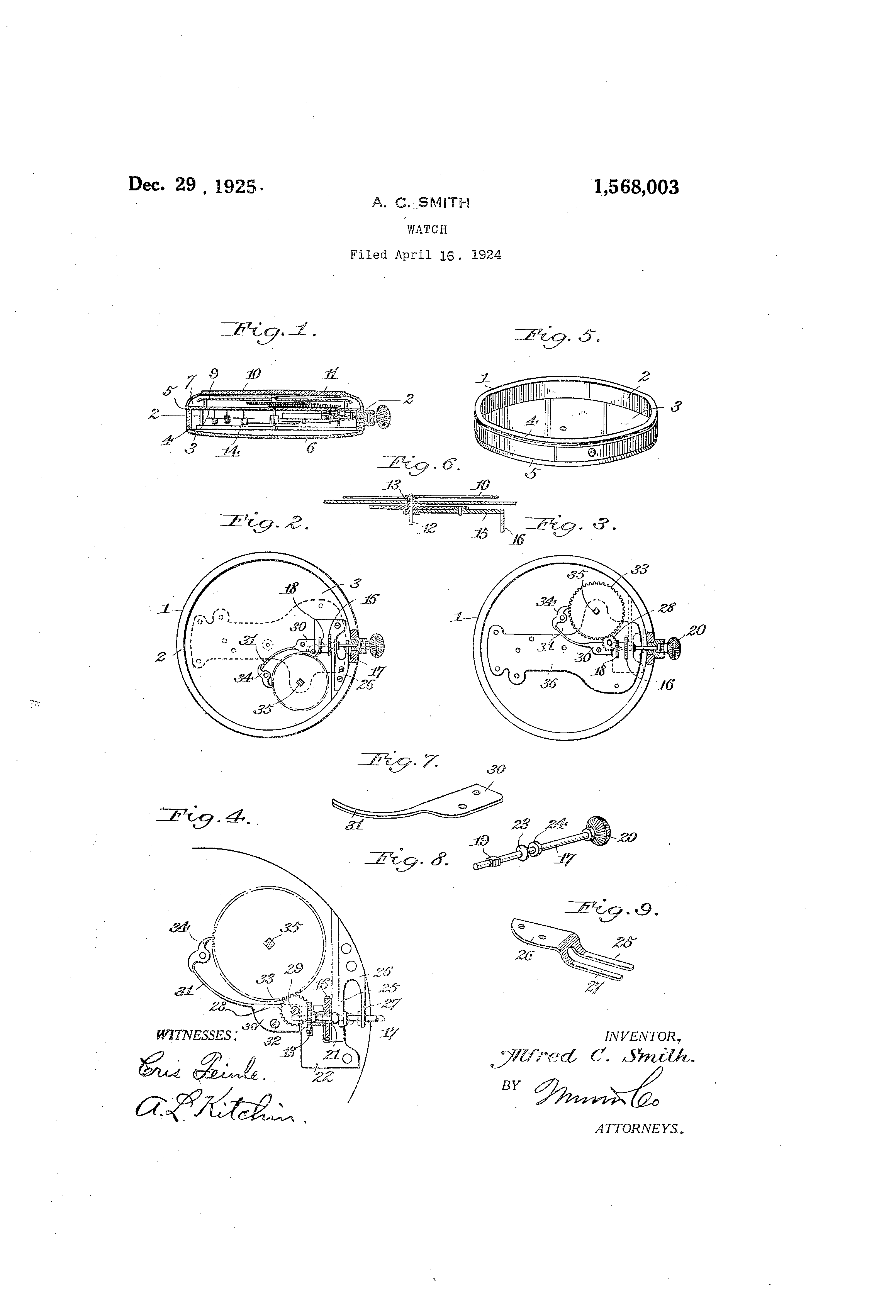 Patent Watch Stem Wind & Set by Alfred C. Smith Issued Dec 29, 1925