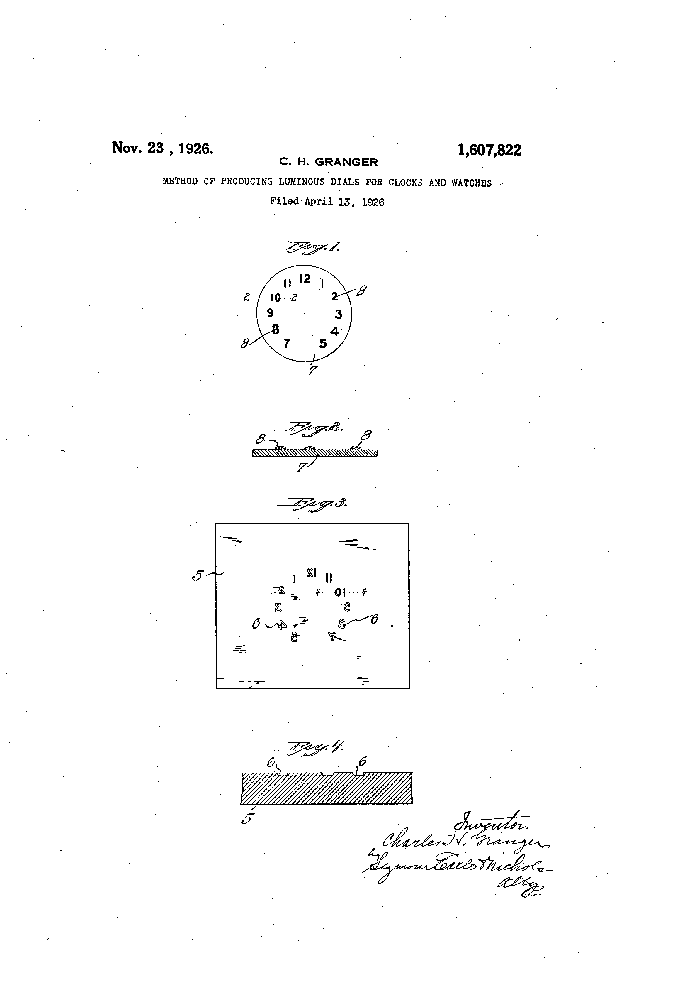 Patent Clock Watch Dial Method Produce Luminous by Charles H. Granger ...