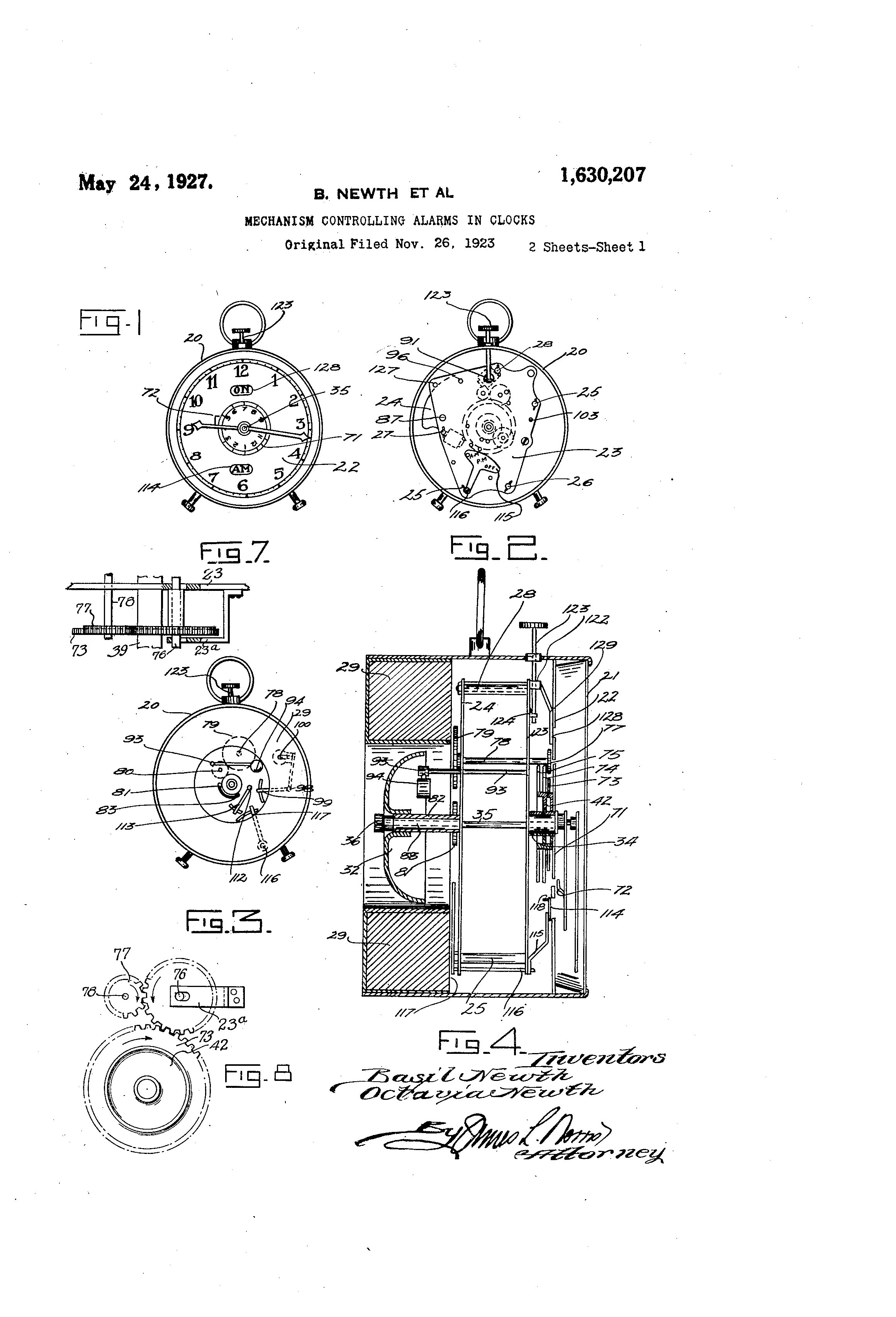 Patent Clock Mech Control Alarm by Basil Newth Issued May 24, 1927