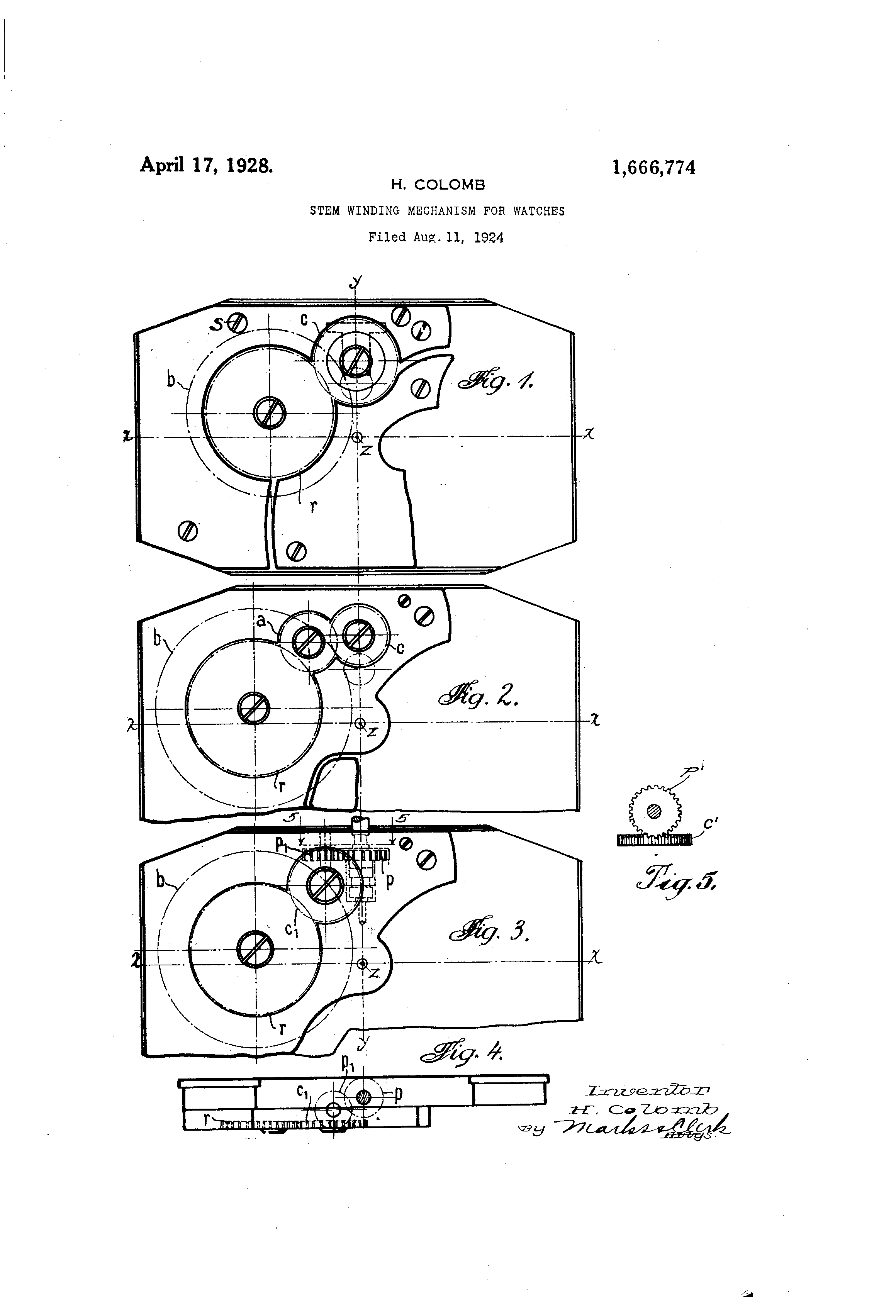 Patent Watch Stem Wind Mech by Henri Colomb Issued Apr 17, 1928