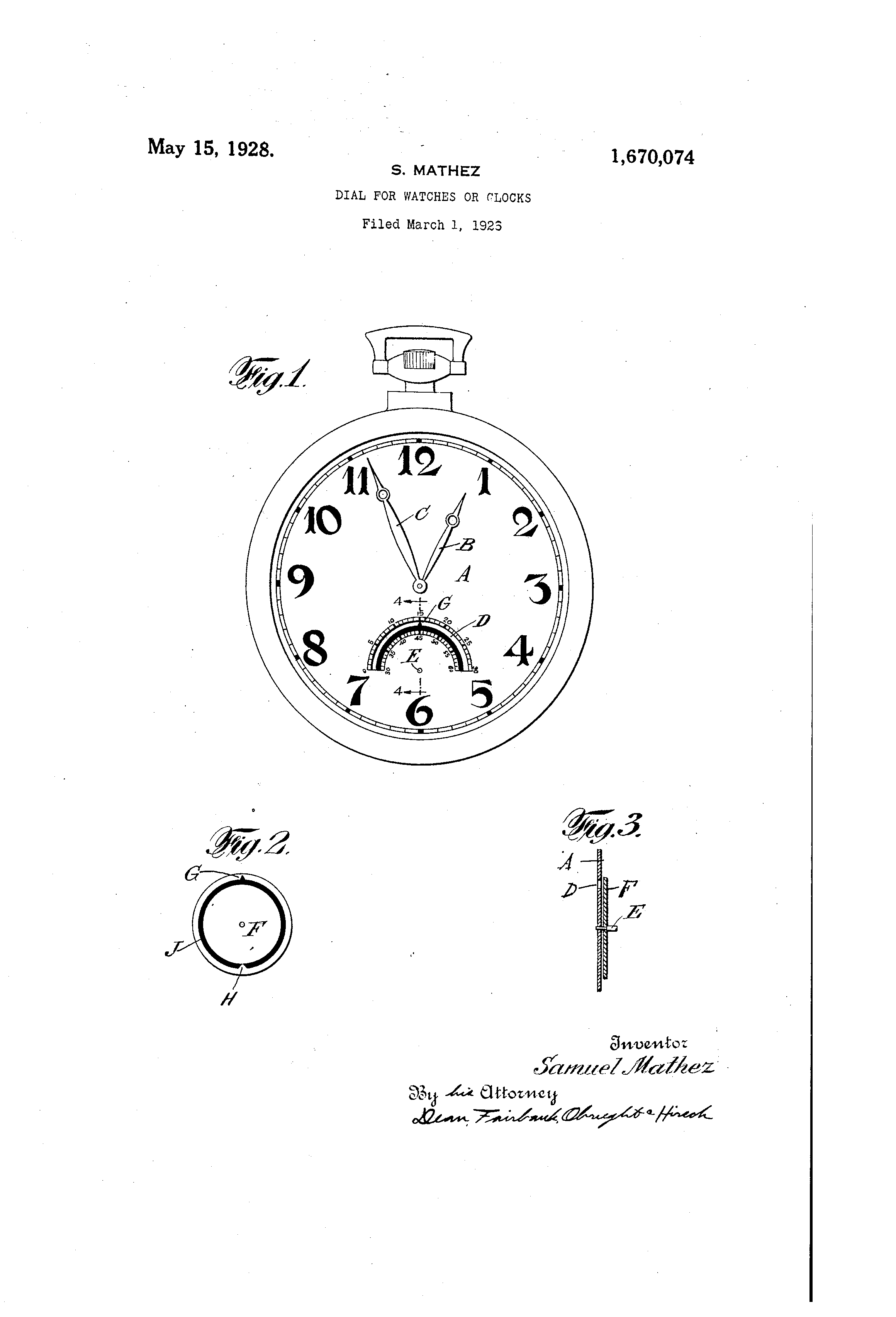 Patent Clock & Watch Dial by Samuel Mathez Issued May 15, 1928