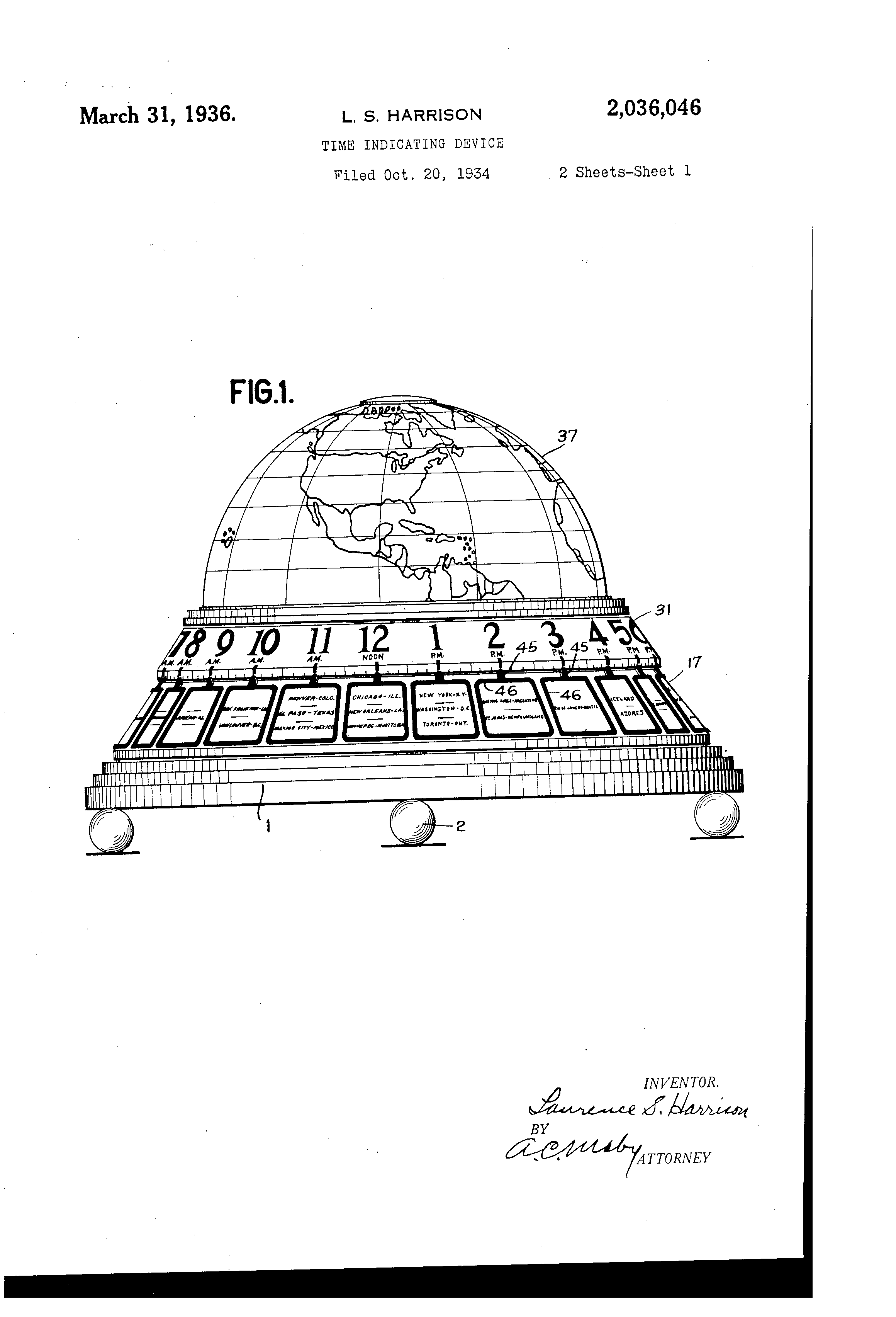 Patent Time Indicate Device by Laurence S. Harrison Issued Mar 31, 1936