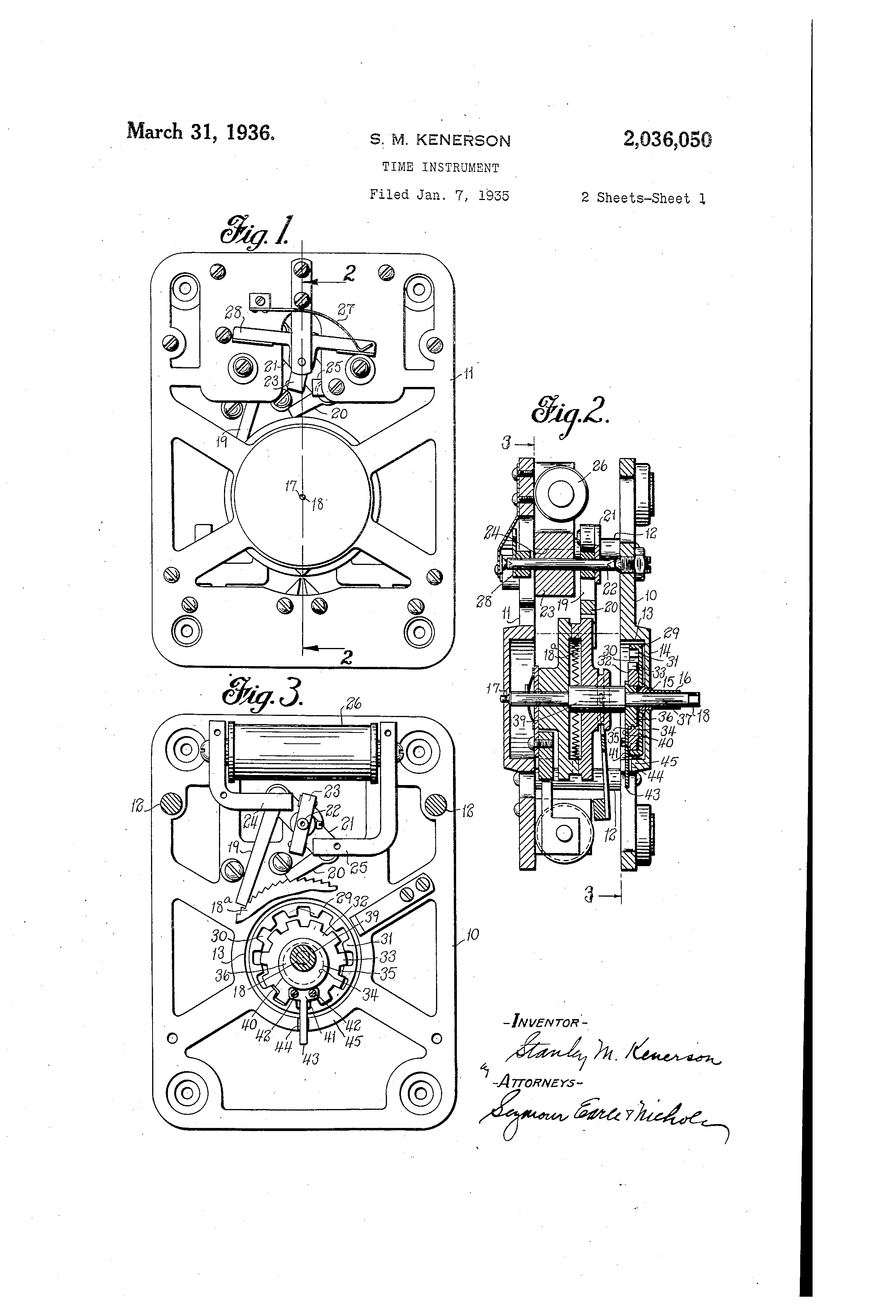 Patent Time Instrument by Stanley Marsh Kenerson Issued Mar 31, 1936