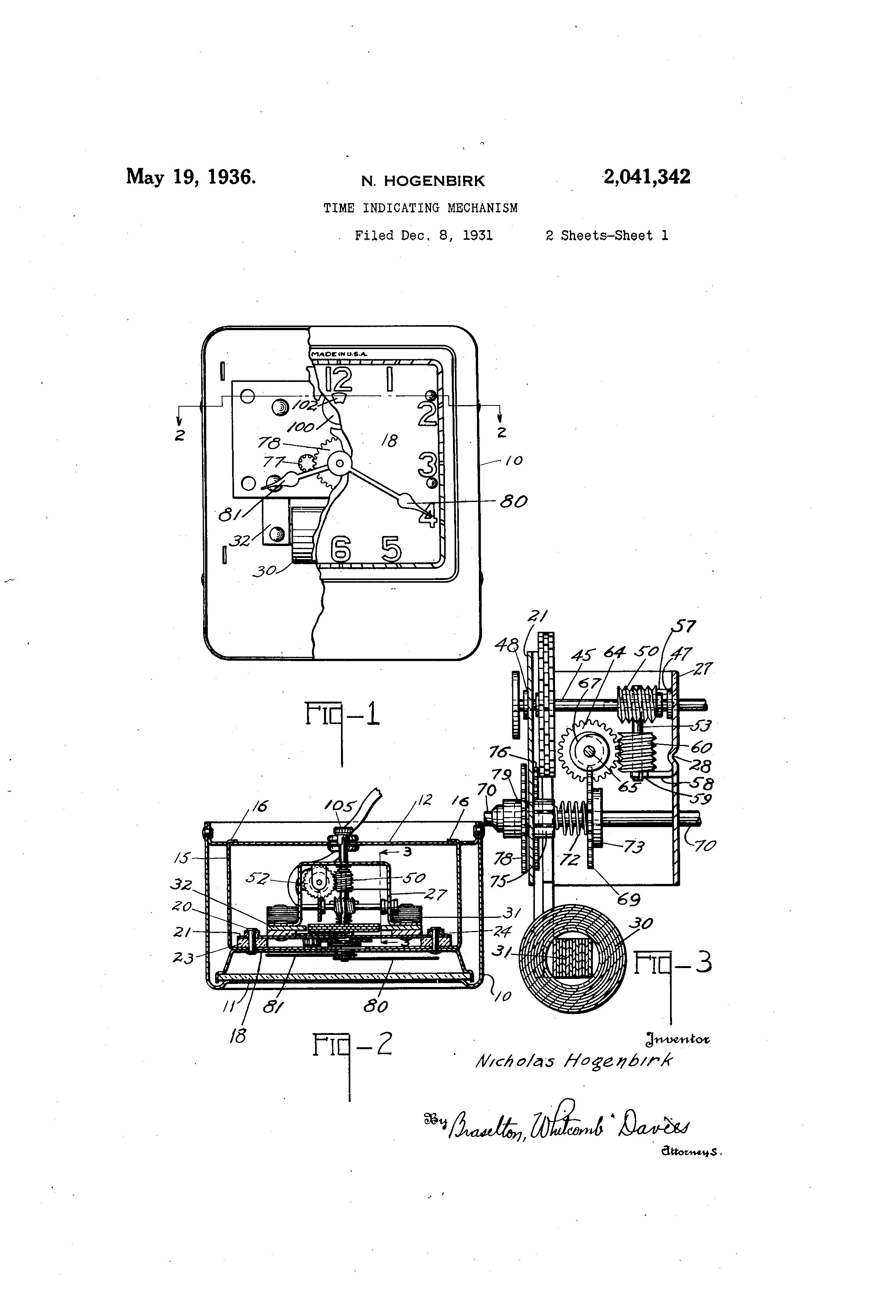 Patent Time Indicate Mech by Nicholas Hogenbirk Issued May 19, 1936
