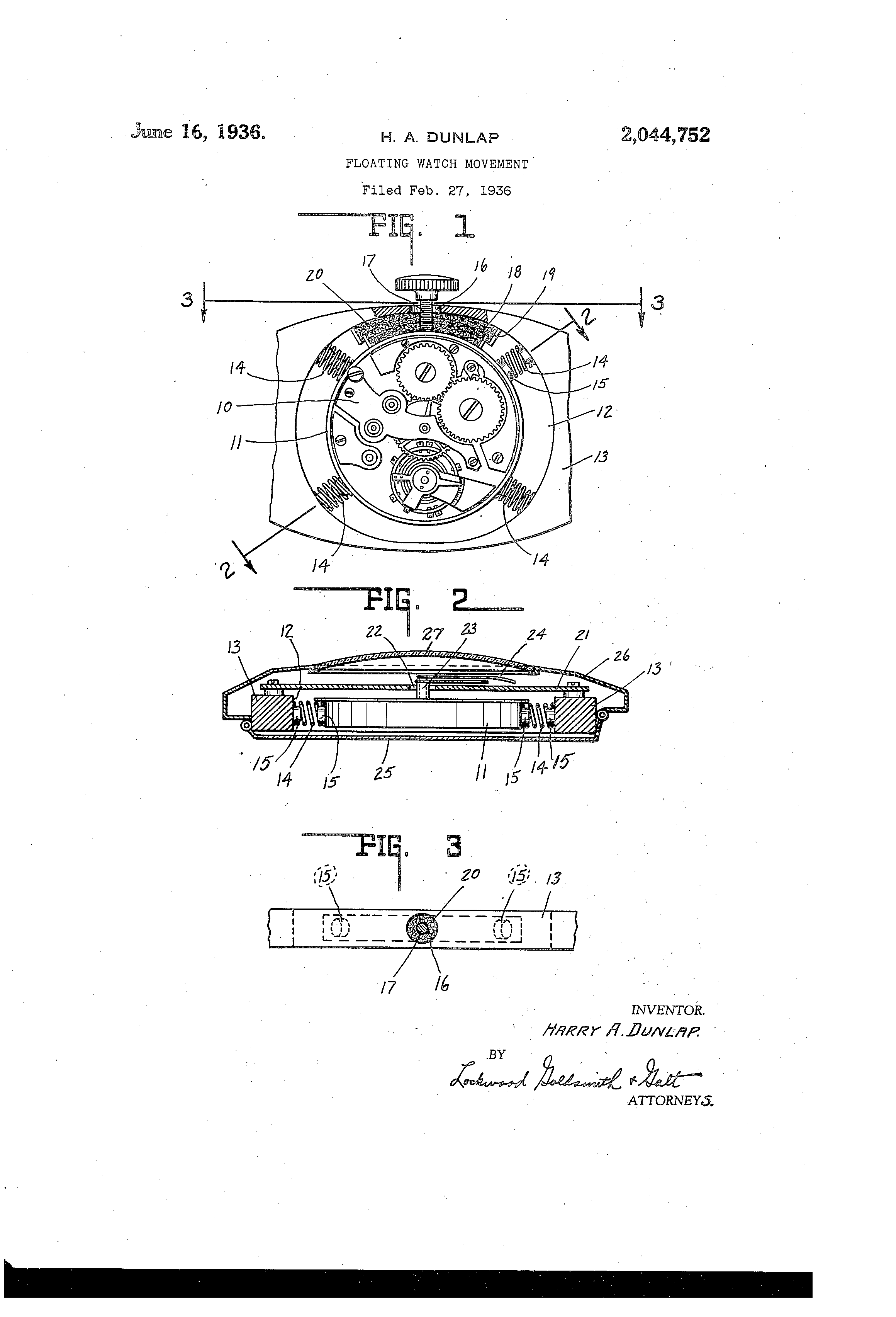 Patent Watch Move Float by Harry A. Dunlap Issued Jun 16, 1936