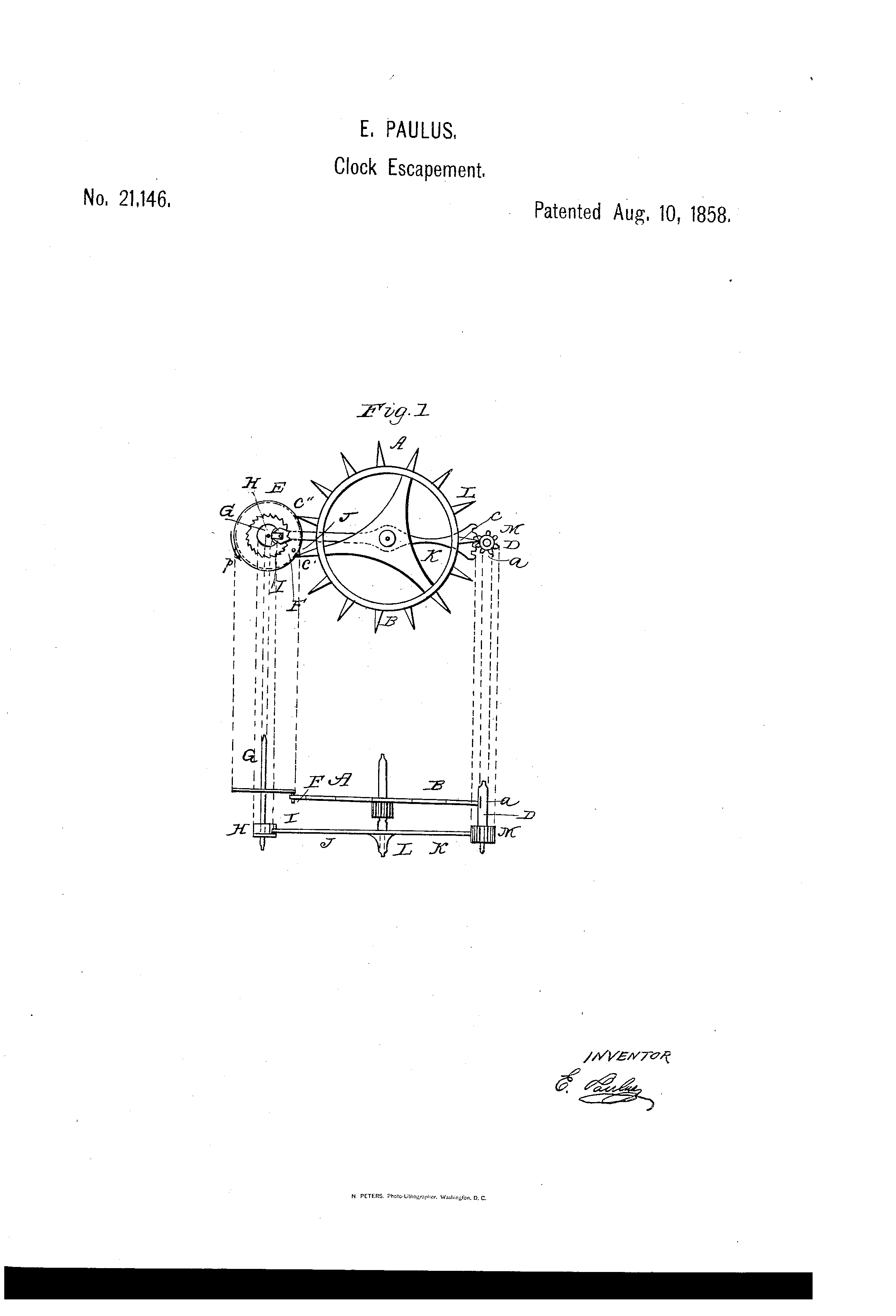 Patent Clock Escape by E. Paulus Issued Aug 10, 1858