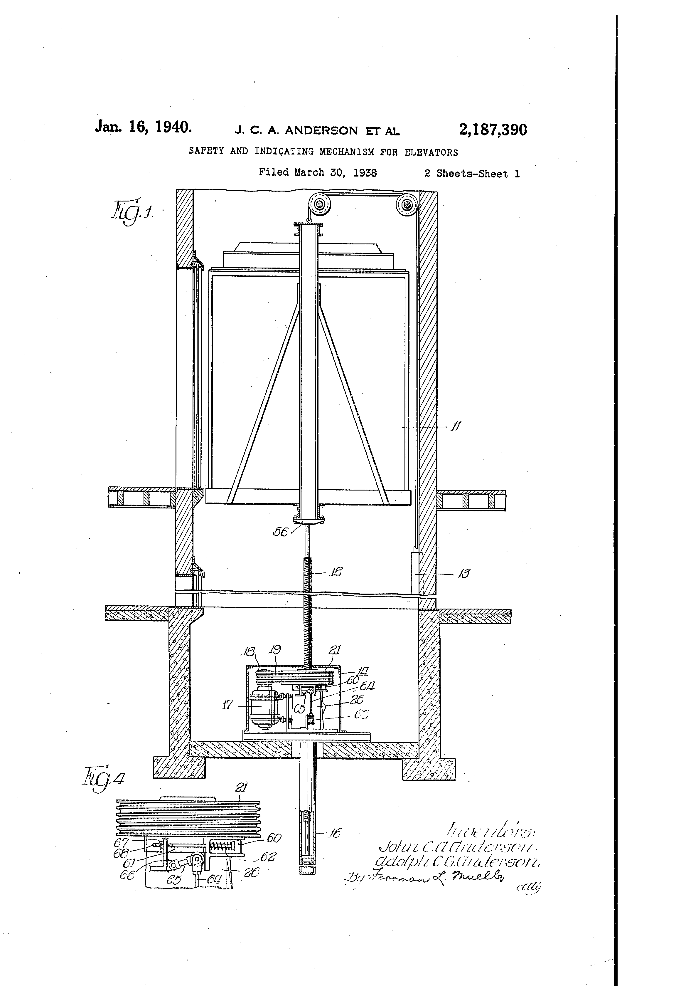 Patent US2187390 - Safety and indicating mechanism for elevators ...