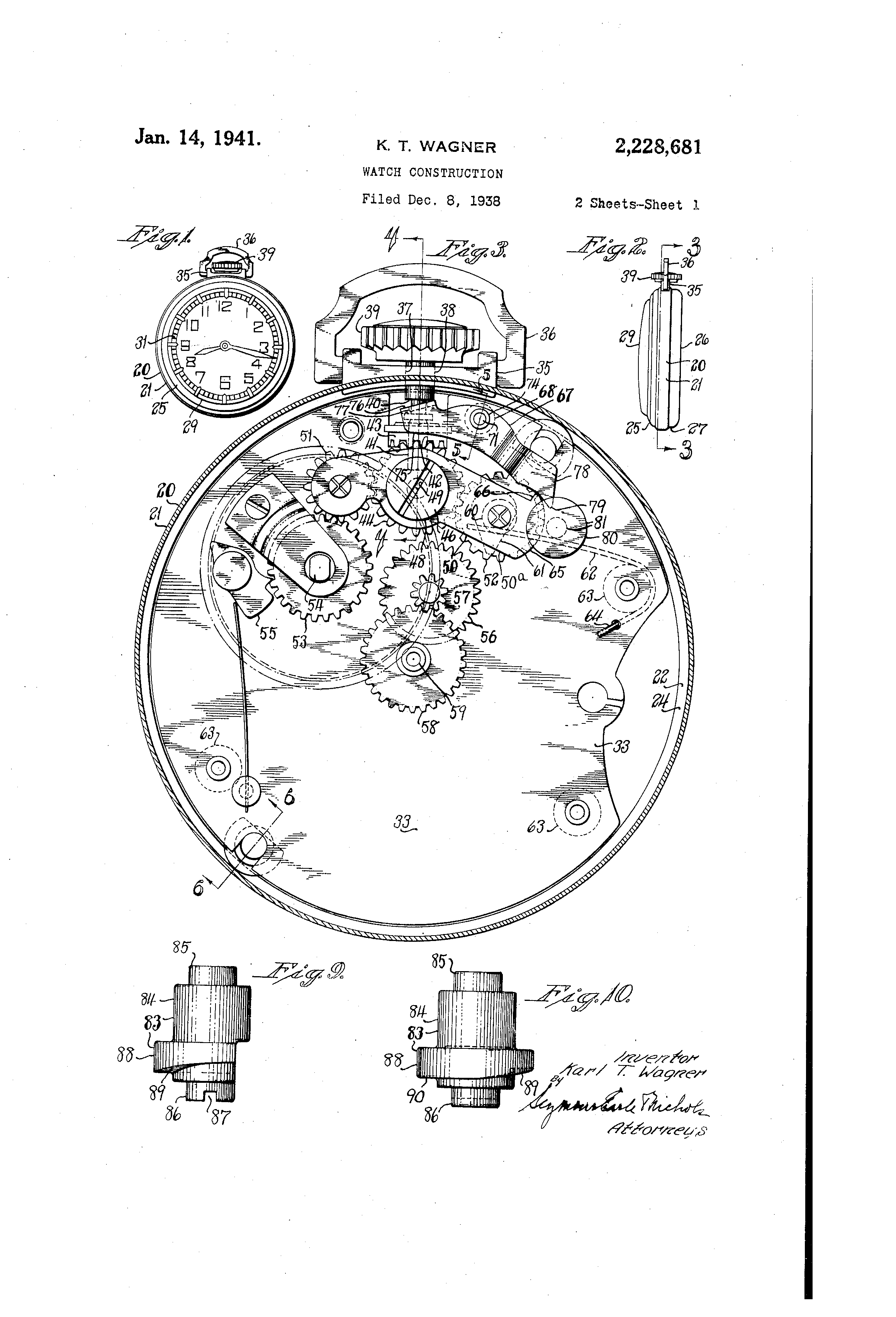 Patent Watch Construction by Karl T. Wagner Issued Jan 14, 1941
