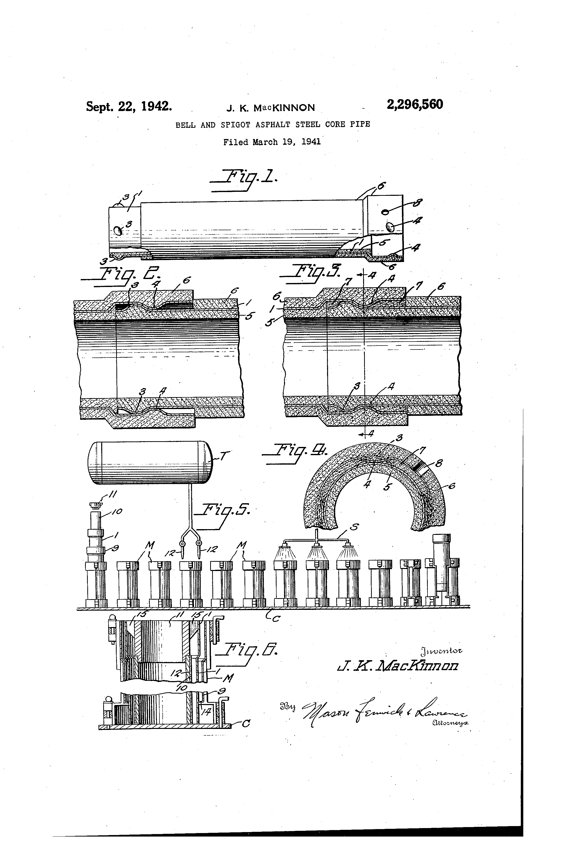 Patent US2296560 - Bell and spigot asphalt steel core pipe - Google Patents