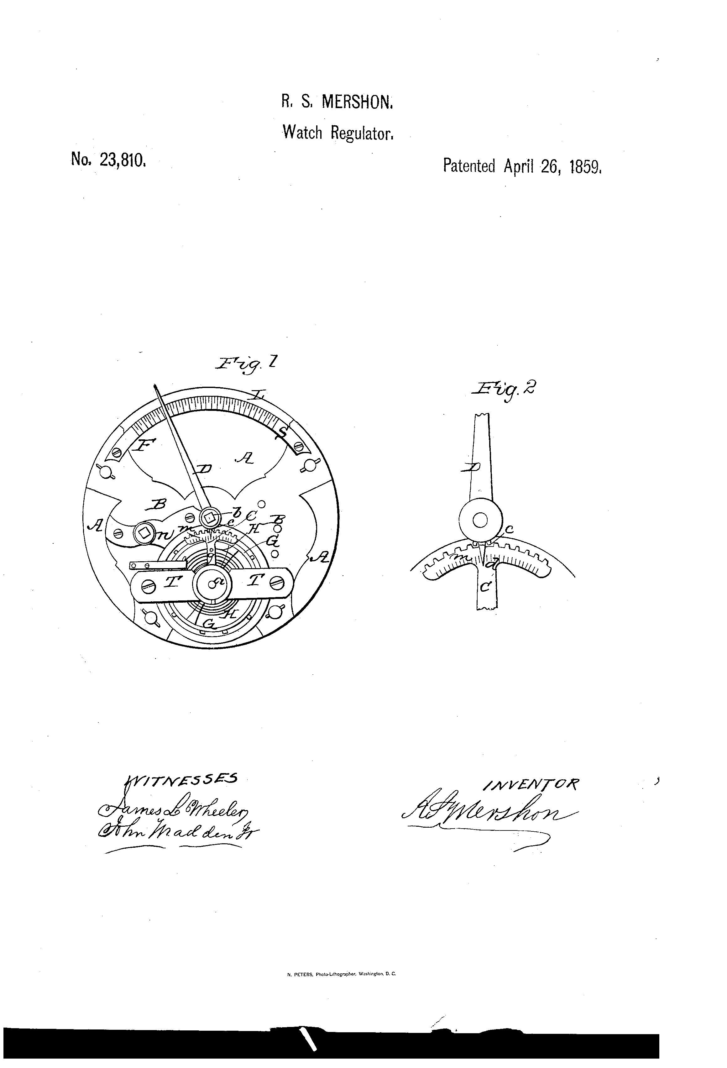 Patent Watch Regulator by Ralph S. Mershon Issued Apr 26, 1859