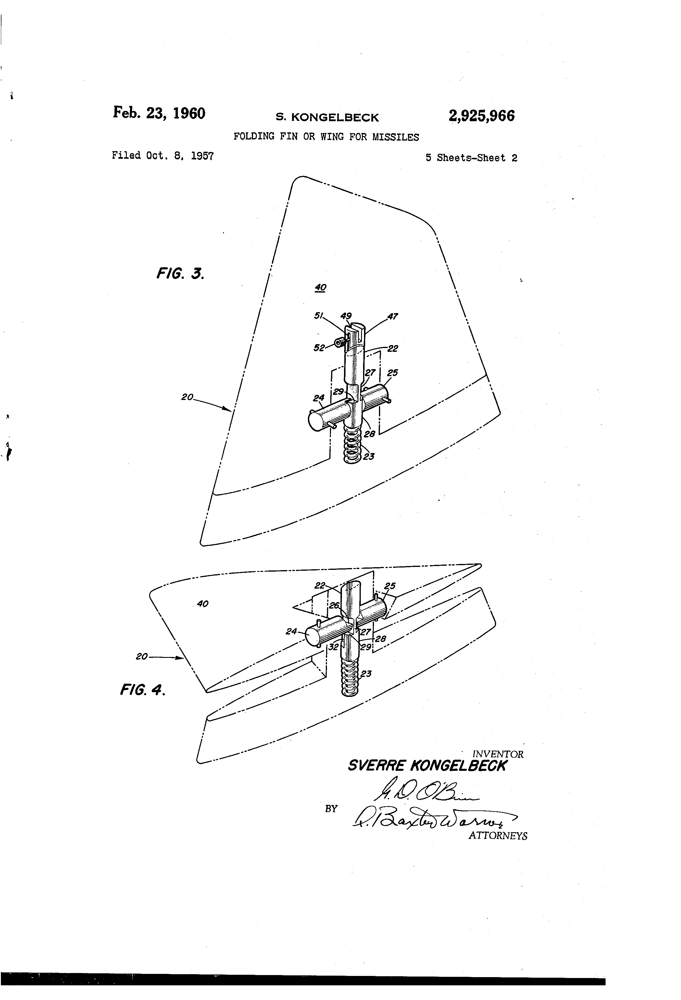 Patent US2925966 - Folding fin or wing for missiles - Google Patents