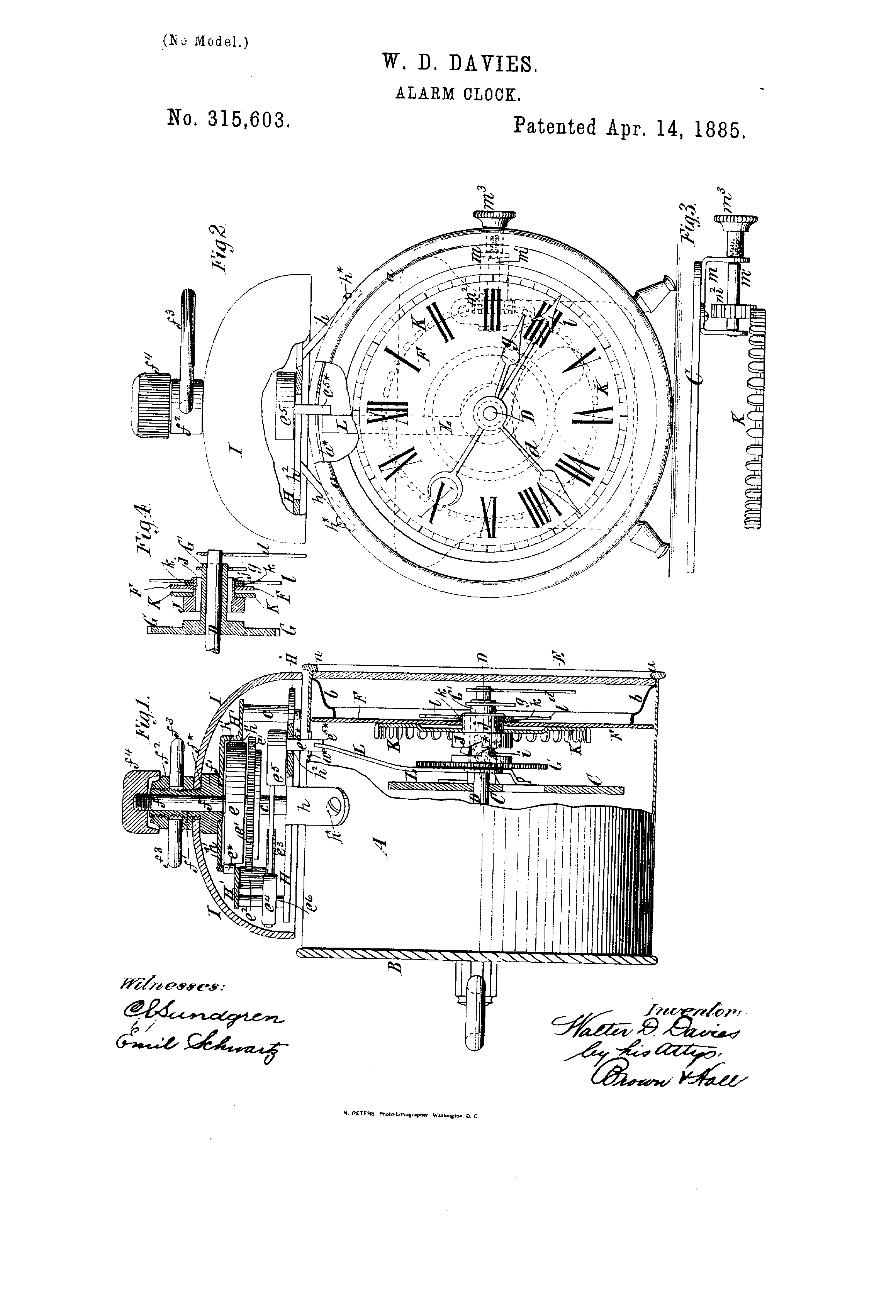 Patent Clock Alarm by Walter D. Davies Issued Apr 14, 1885