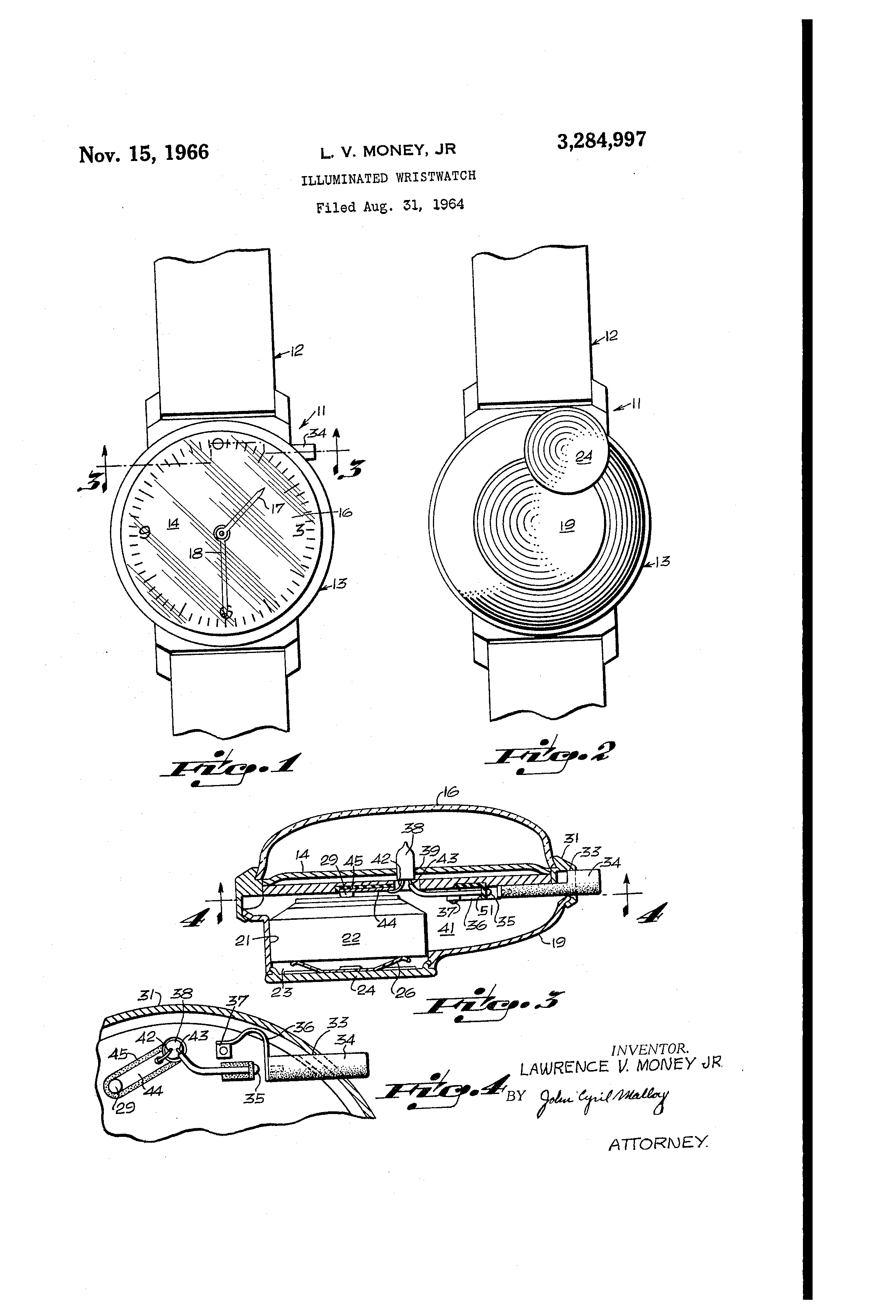 Patent Watch Wrist Illuminate by Lawrence V. Jr Money Issued Nov 15, 1966