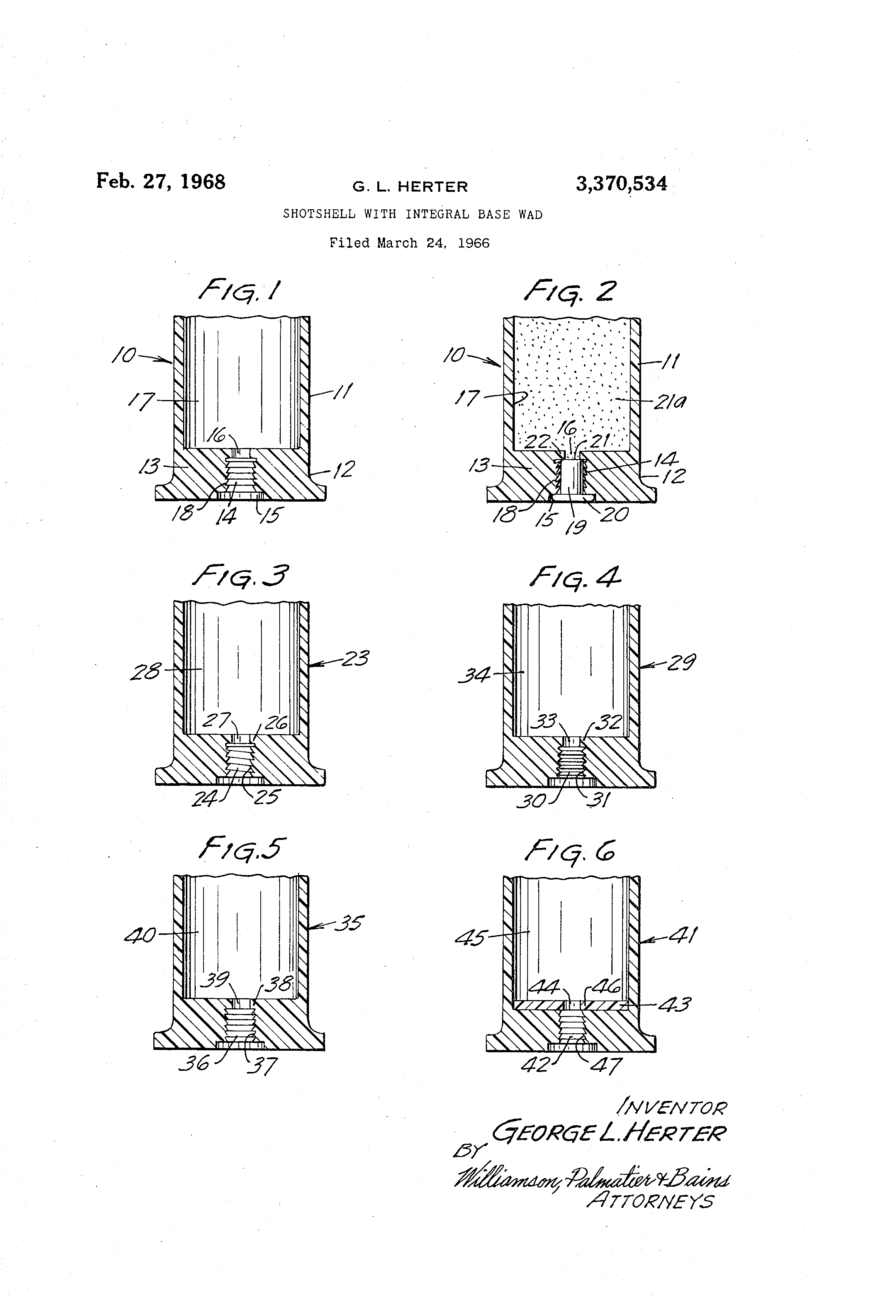Patent US3370534 - Shotshell with integral base wad - Google Patents