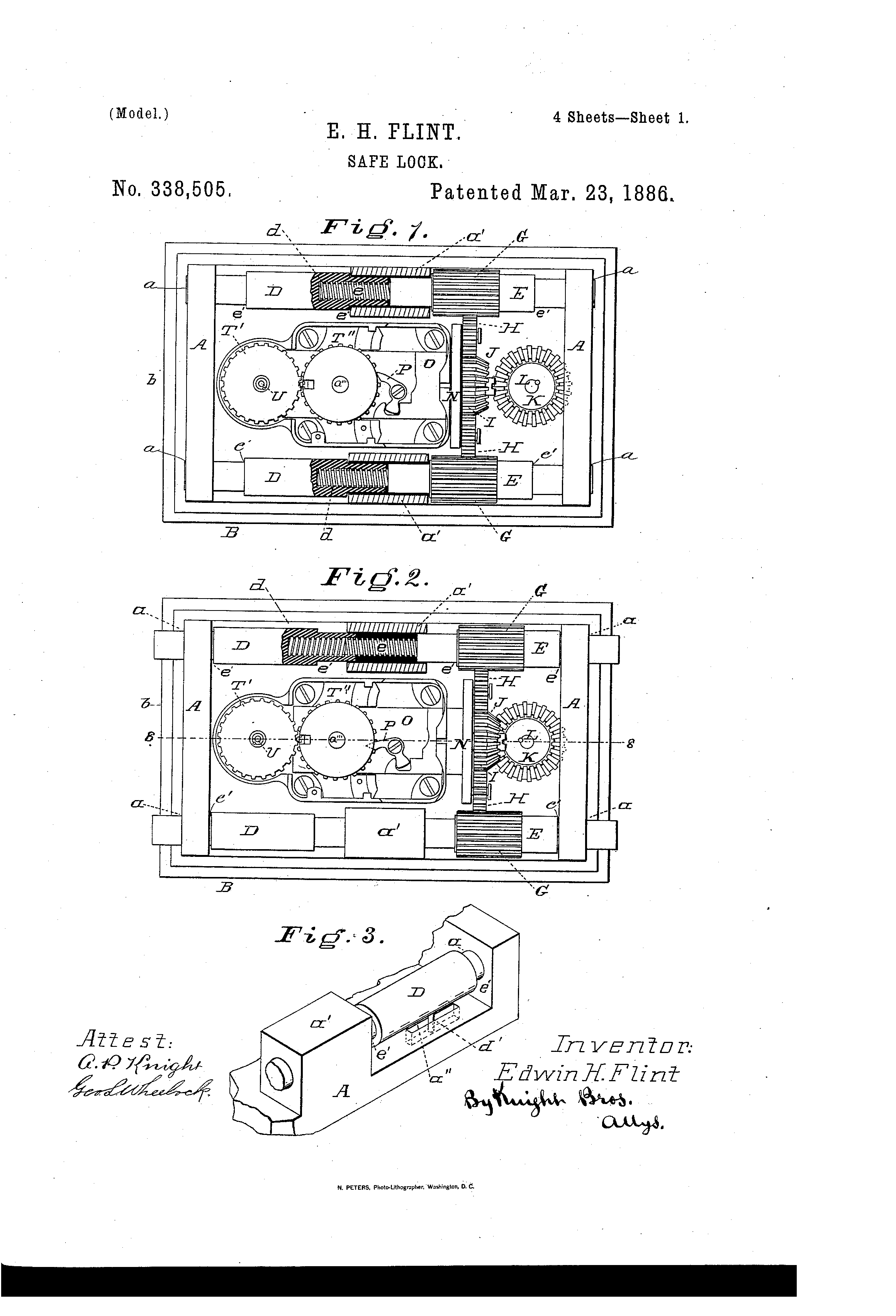 Patent Safe Lock by Edwin H. Flint Issued Mar 23, 1886