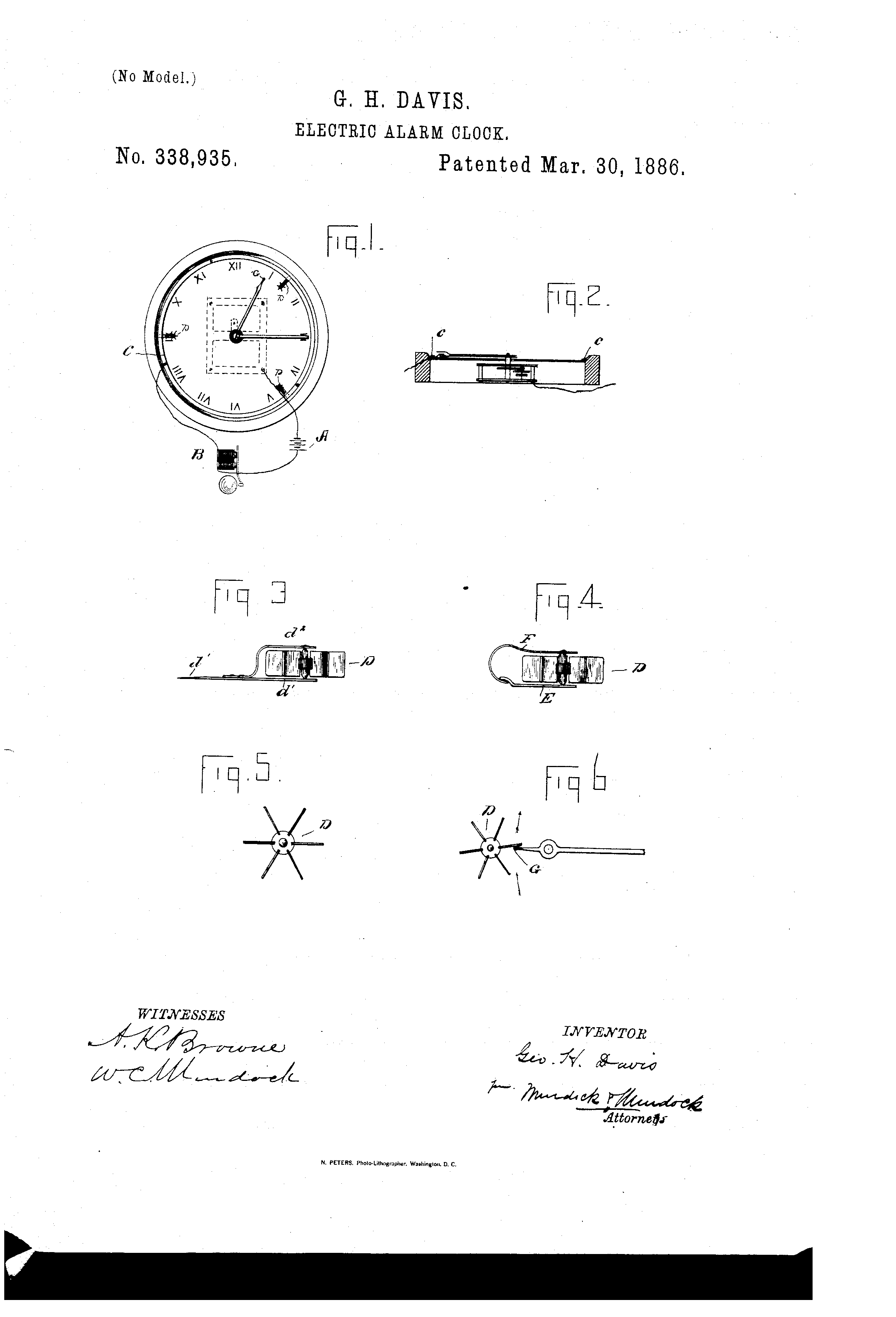 Patent Clock Electric Alarm by George H. Davis Issued Mar 30, 1886