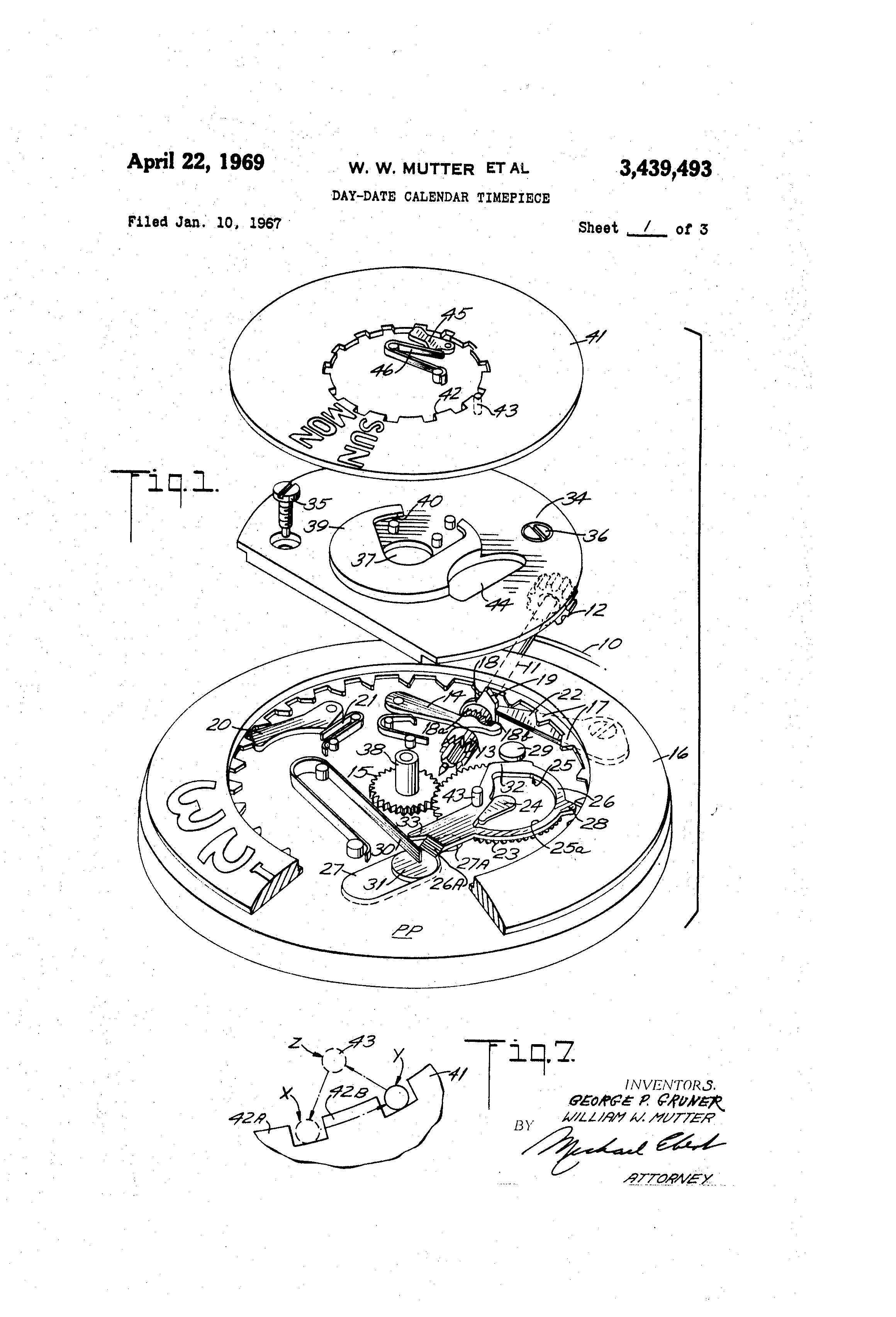 Patent Watch Calendar Mech by William W. Mutter Issued Apr 22, 1969