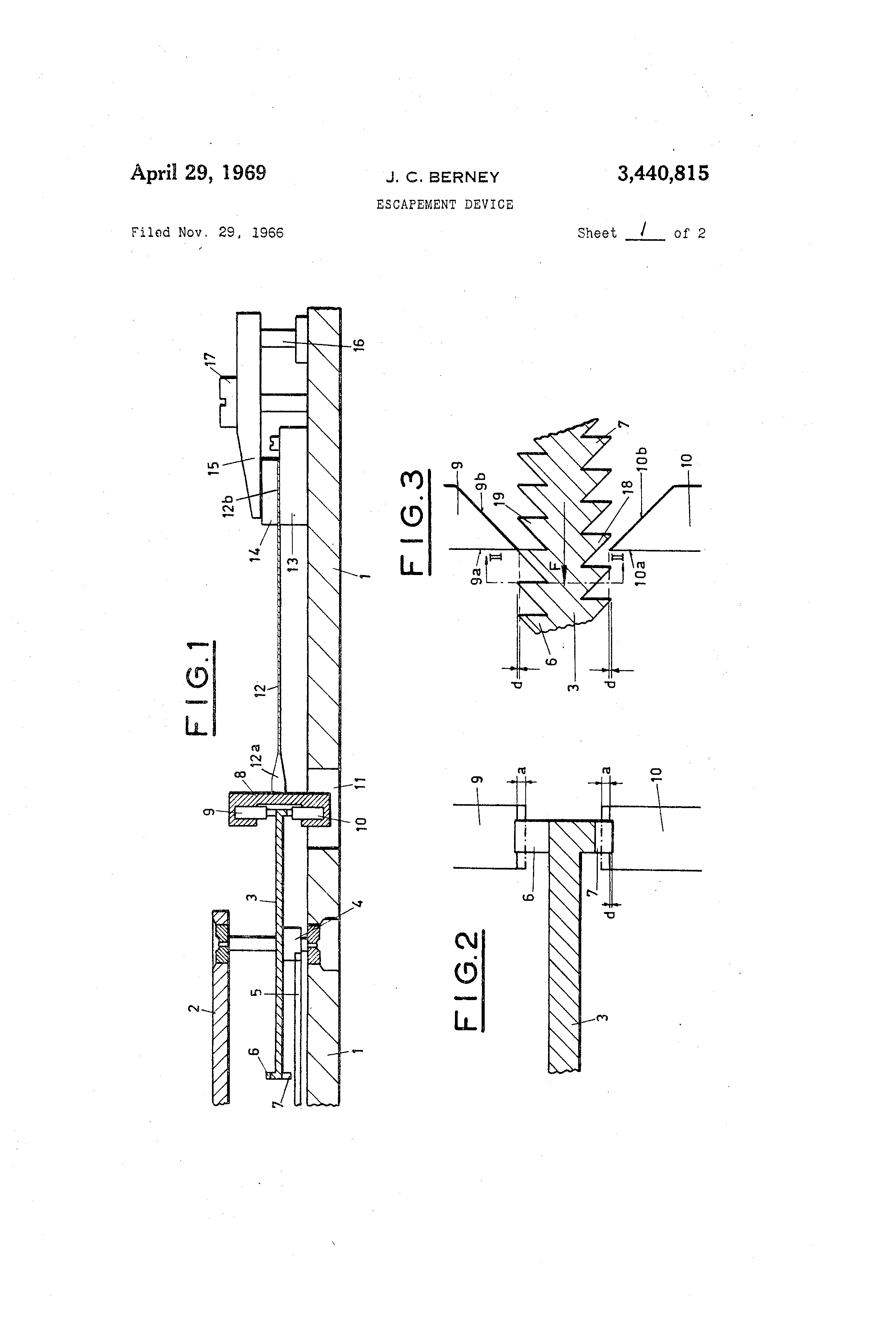 Patent Watch Escape by Jean Claude Berney Issued Apr 29, 1969