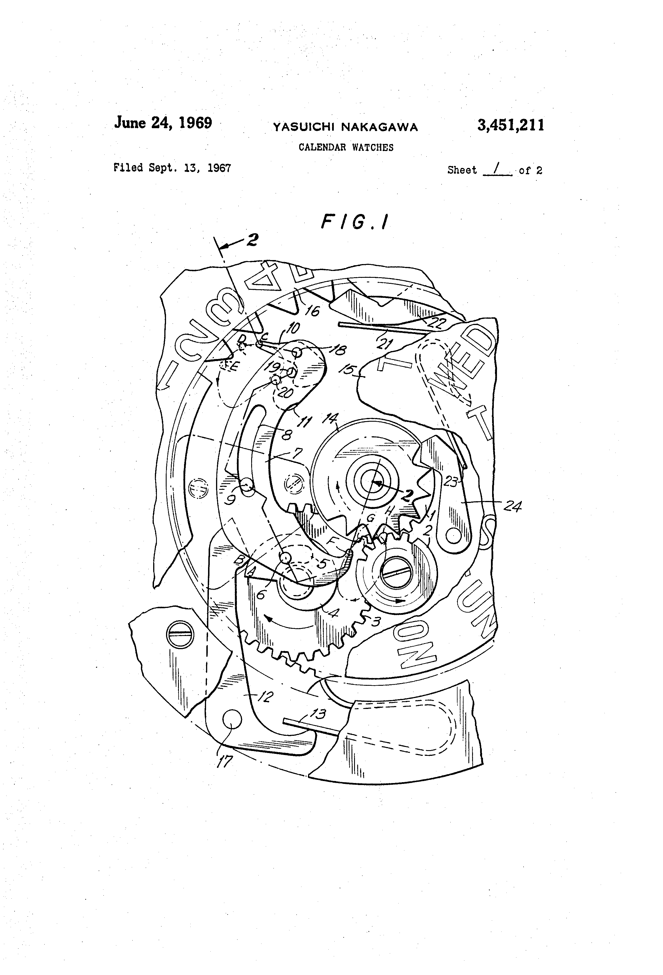 Patent Watch Calendar Mech by Yasuichi Nakagawa Issued Jun 24, 1969