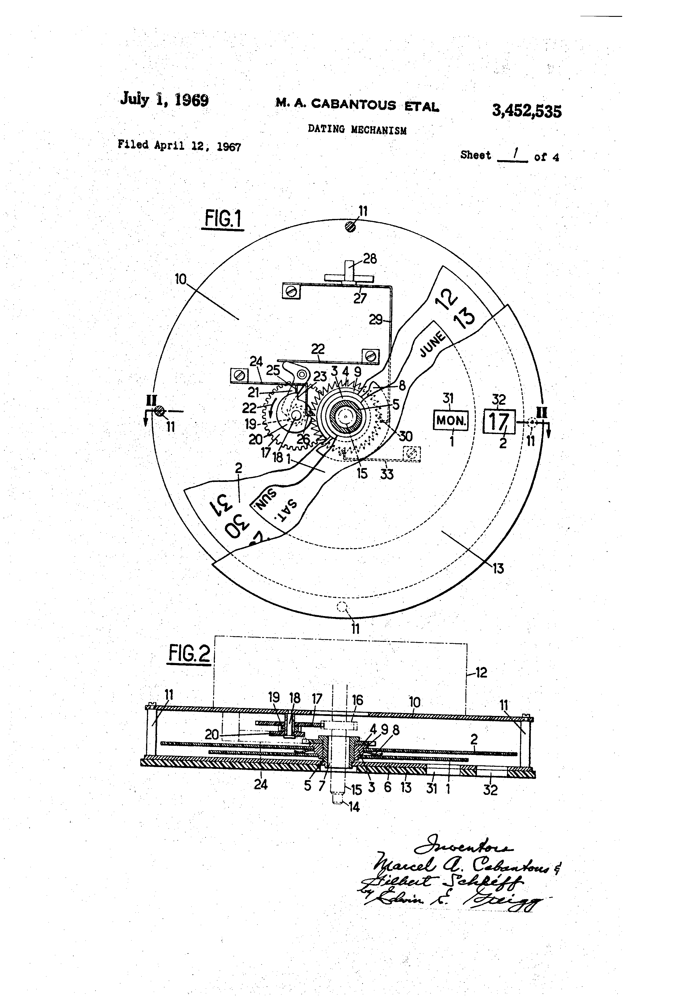 Patent Watch Calendar Mech by Marcel Amans Cabantous Issued Jul 1, 1969