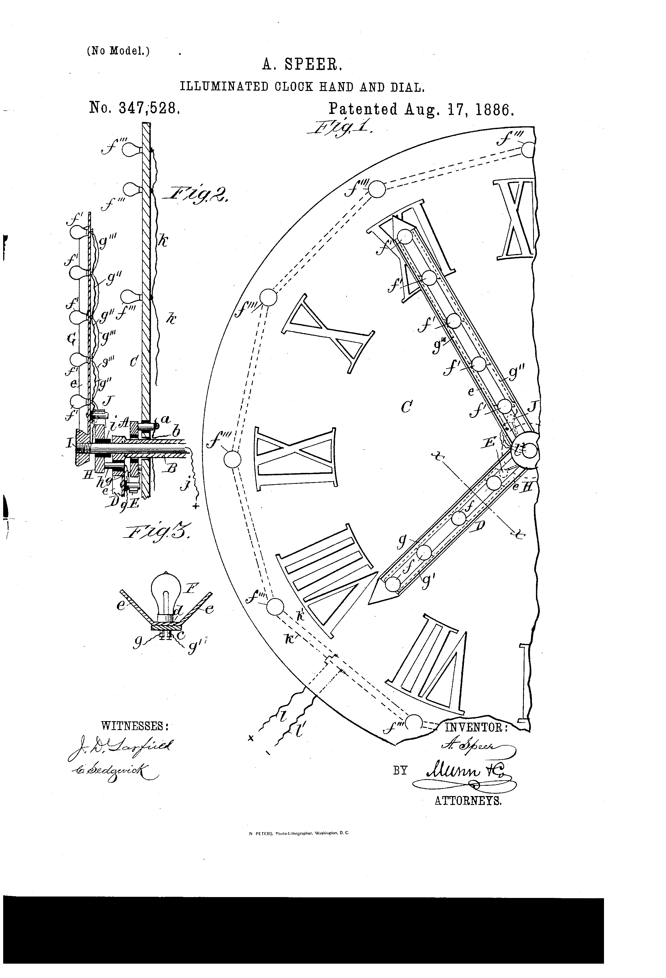 Patent Clock Hand & Dial Illuminate by Alfred Speer Issued Aug 17, 1886