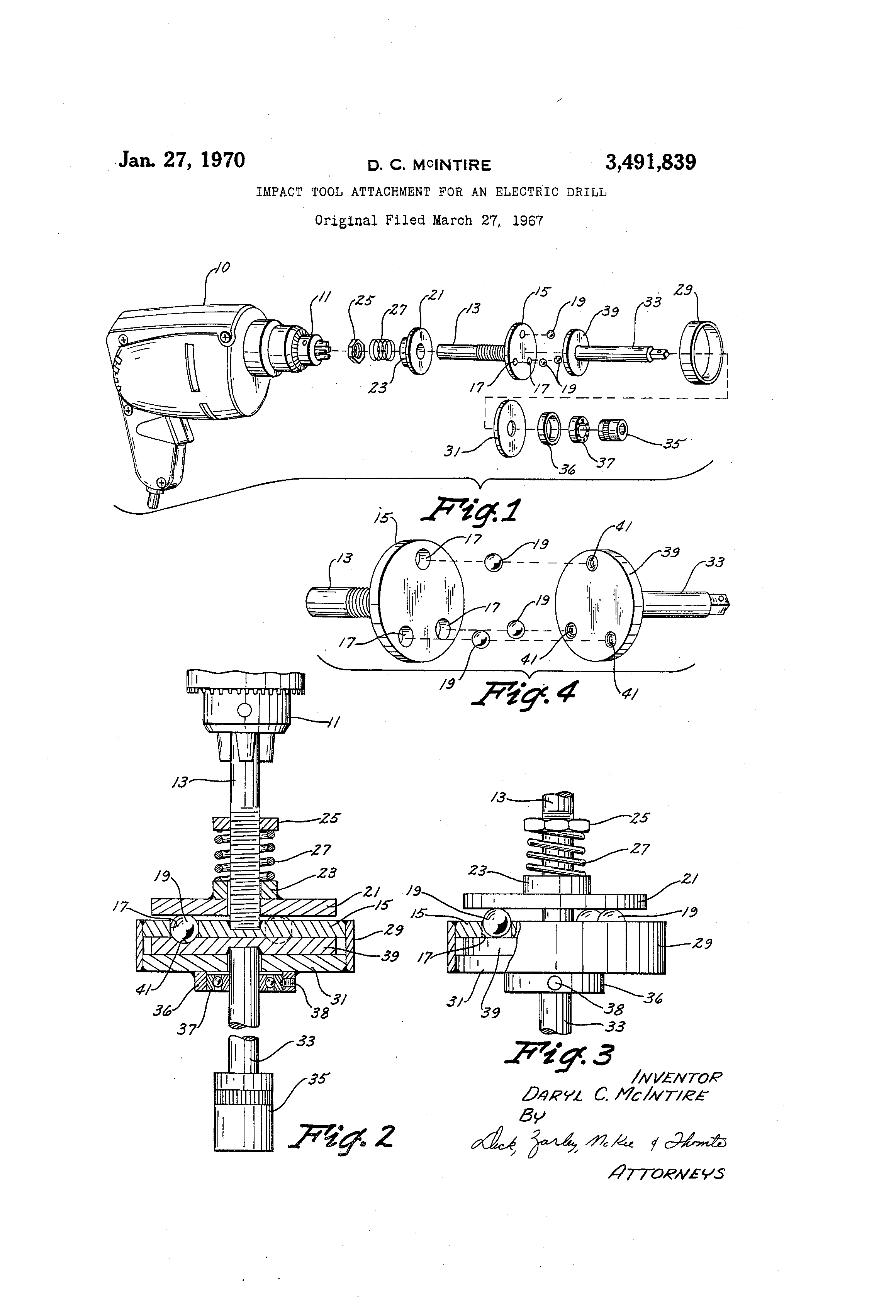 Patent US3491839 - Impact tool attachment for an electric drill ...