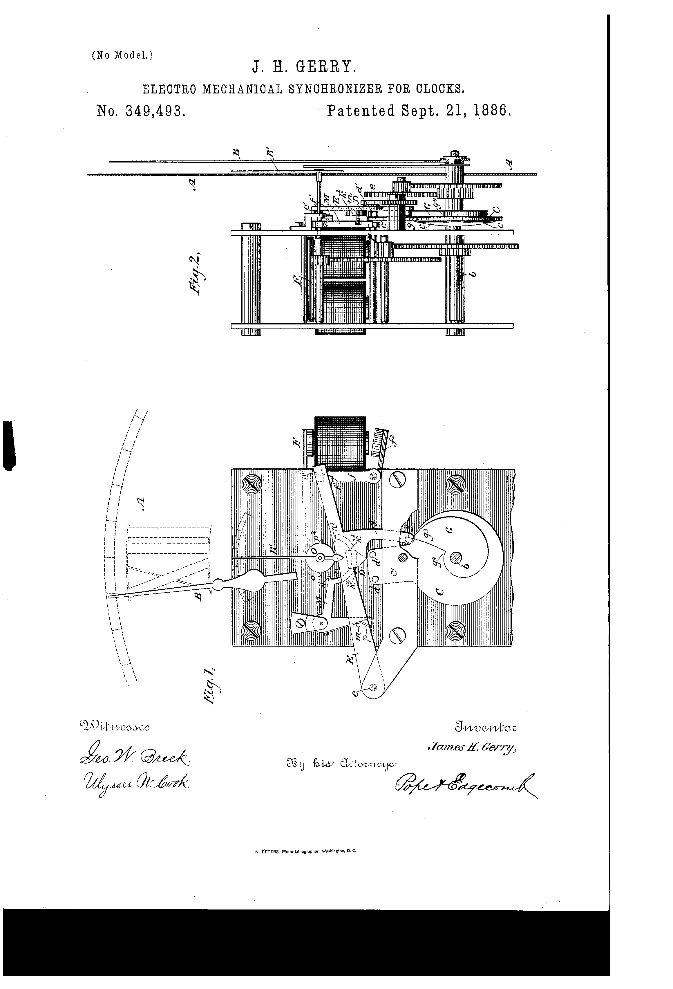 Patent Clock Electro Mechanical Synch by James H. Gerry Issued Sep 21, 1886