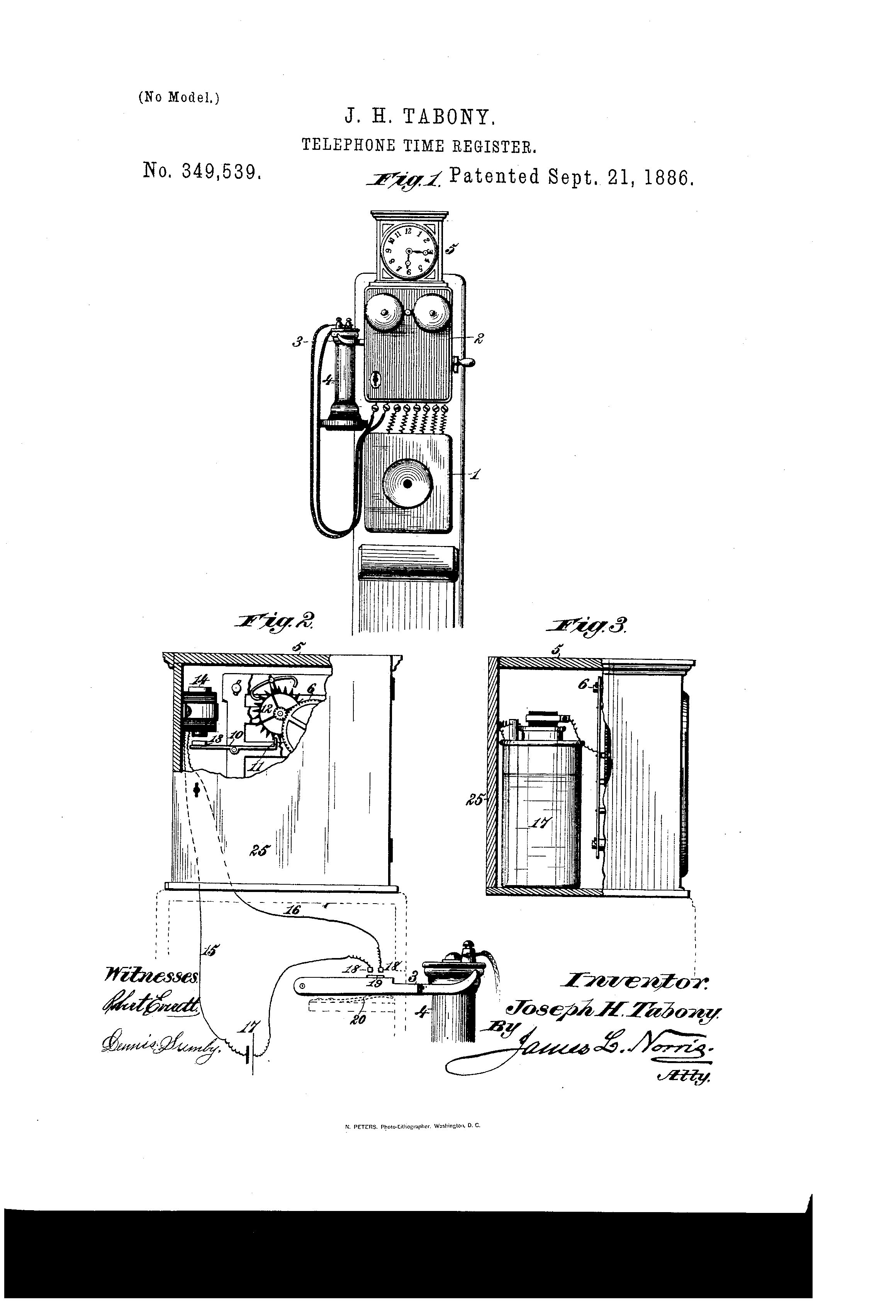 Patent Telephone Time Register by Joseph H. Tabony Issued Sep 21, 1886