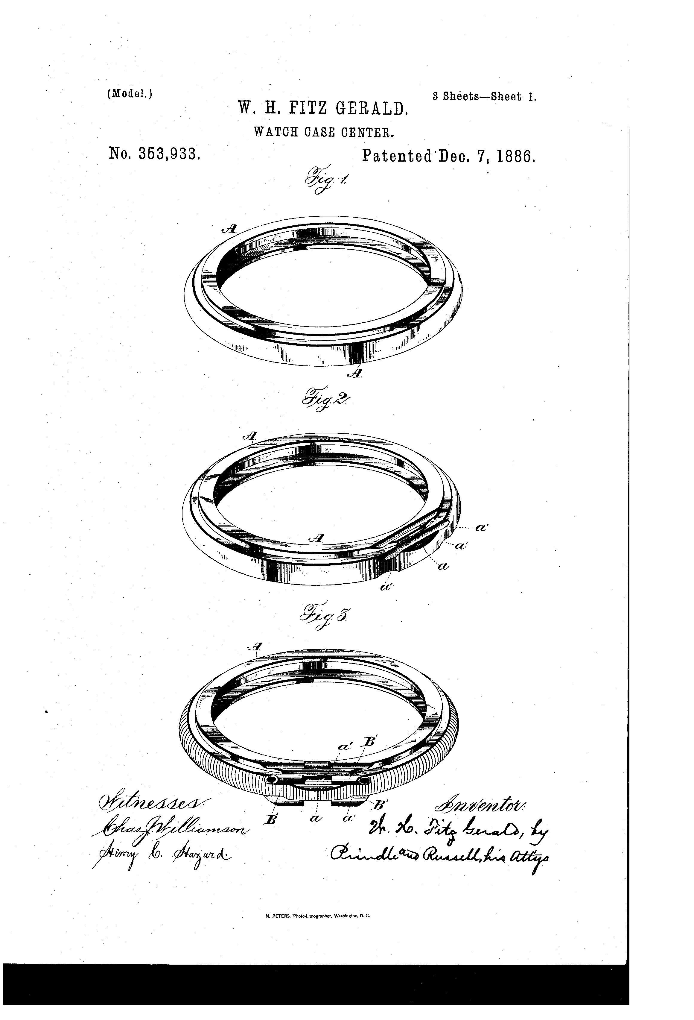 Patent Watch Case Center by Walter H. Fitzgerald Issued Dec 7, 1886
