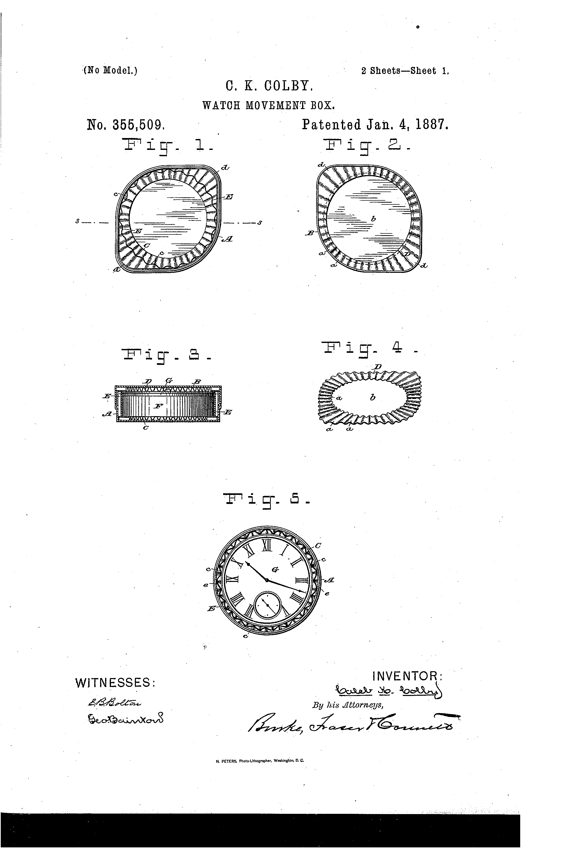 Patent Watch Movement Box by Caleb K. Colby Issued Jan 4, 1887