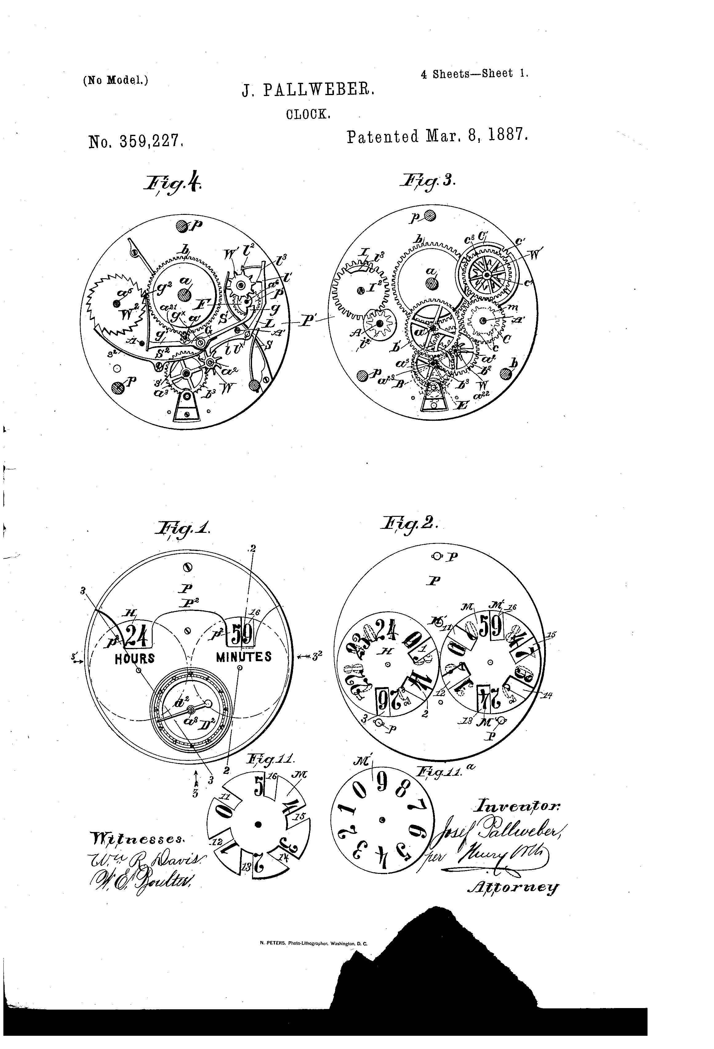 Patent Clock Digital Dial by Josef Pallweber Issued Mar 8, 1887