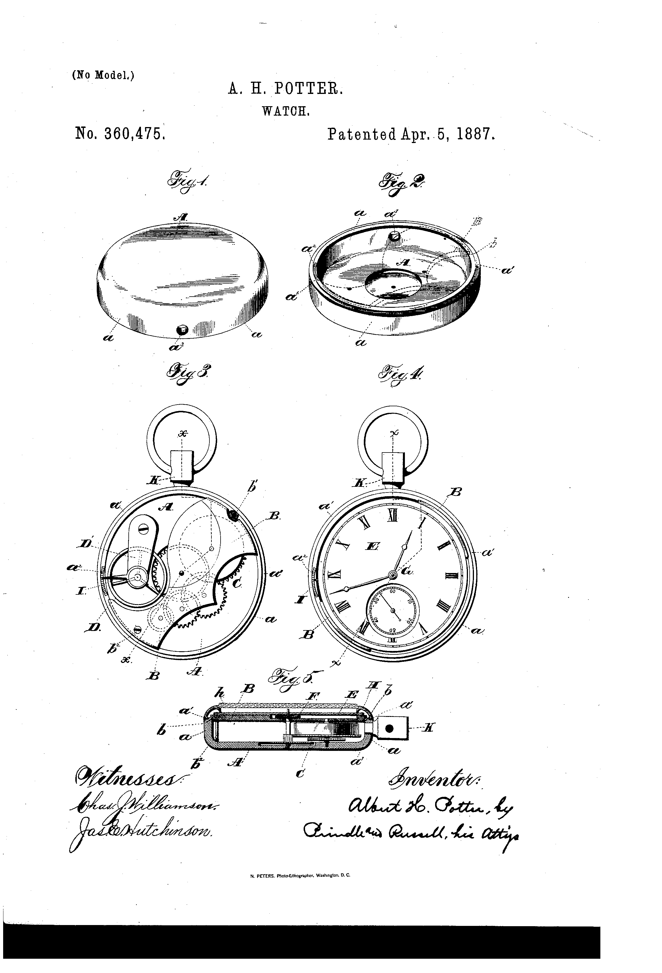Patent Watch Plate by Albert H. Potter Issued Apr 5, 1887