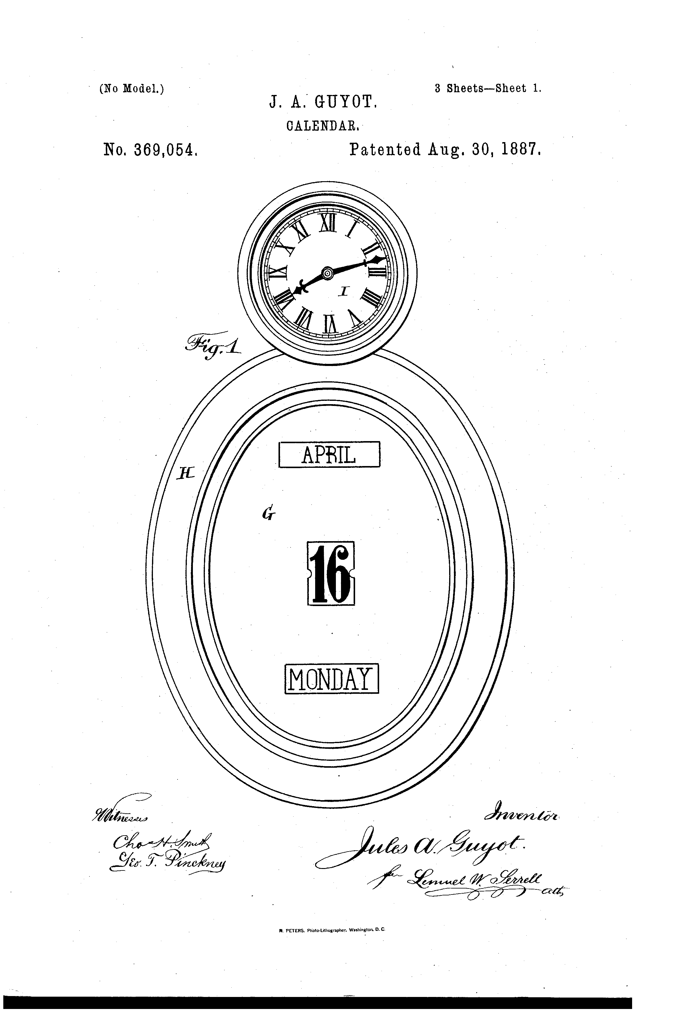 Patent Clock Calendar by Jules Alfred Guyot Issued Aug 30, 1887