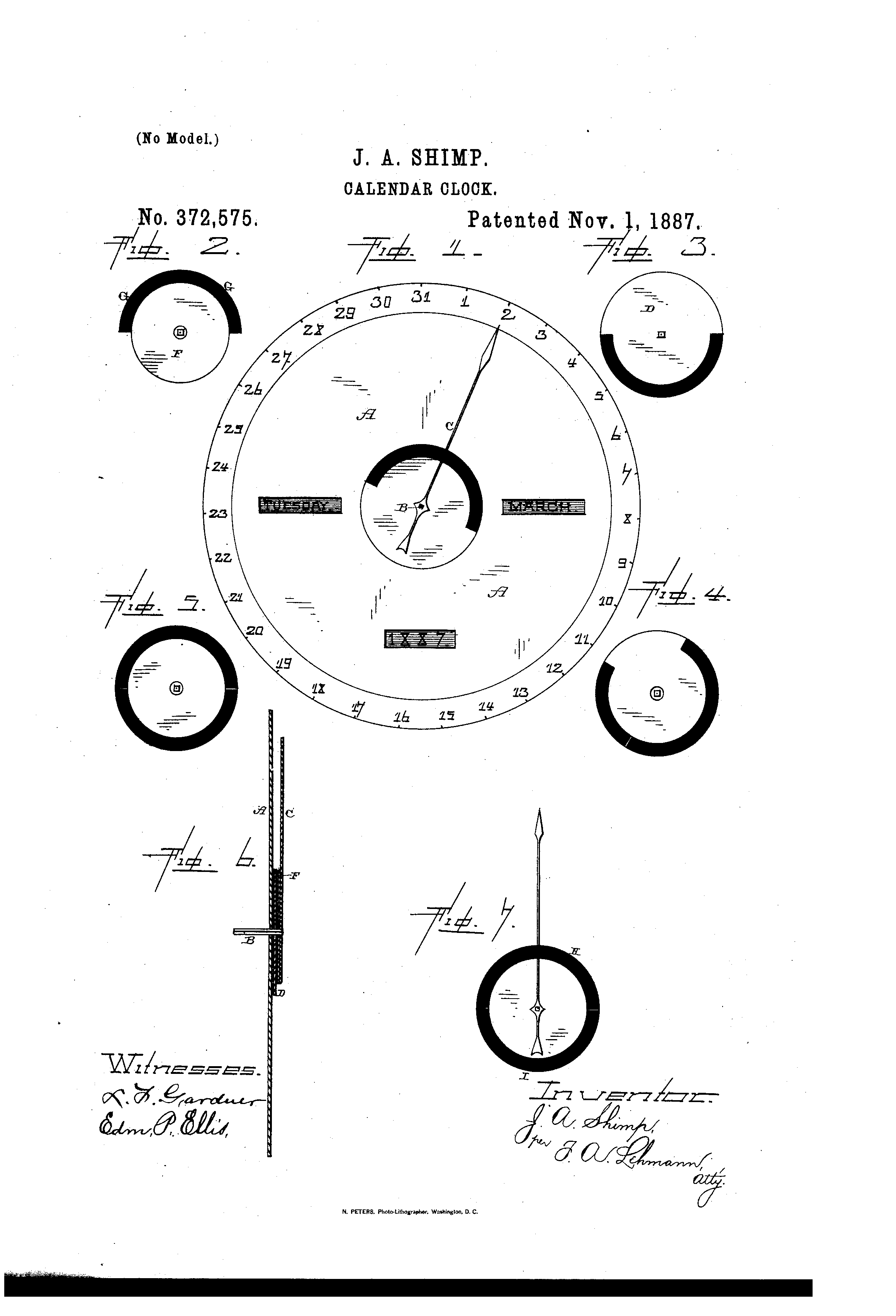 Patent Clock Calendar by Jacob A. Shimp Issued Nov 1, 1887
