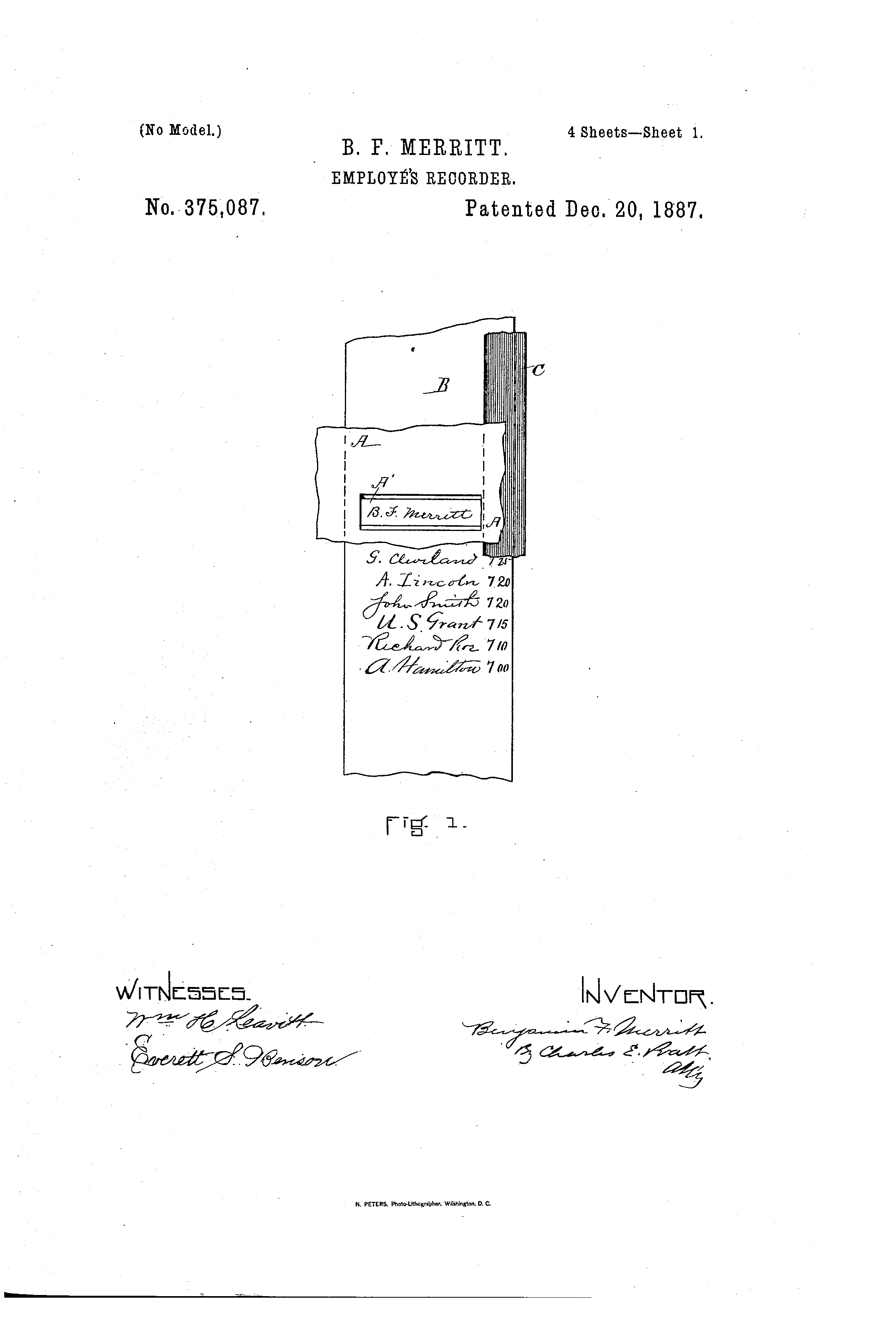 Patent Recorder Work Man by Benjamin F. Merritt Issued Dec 20, 1887