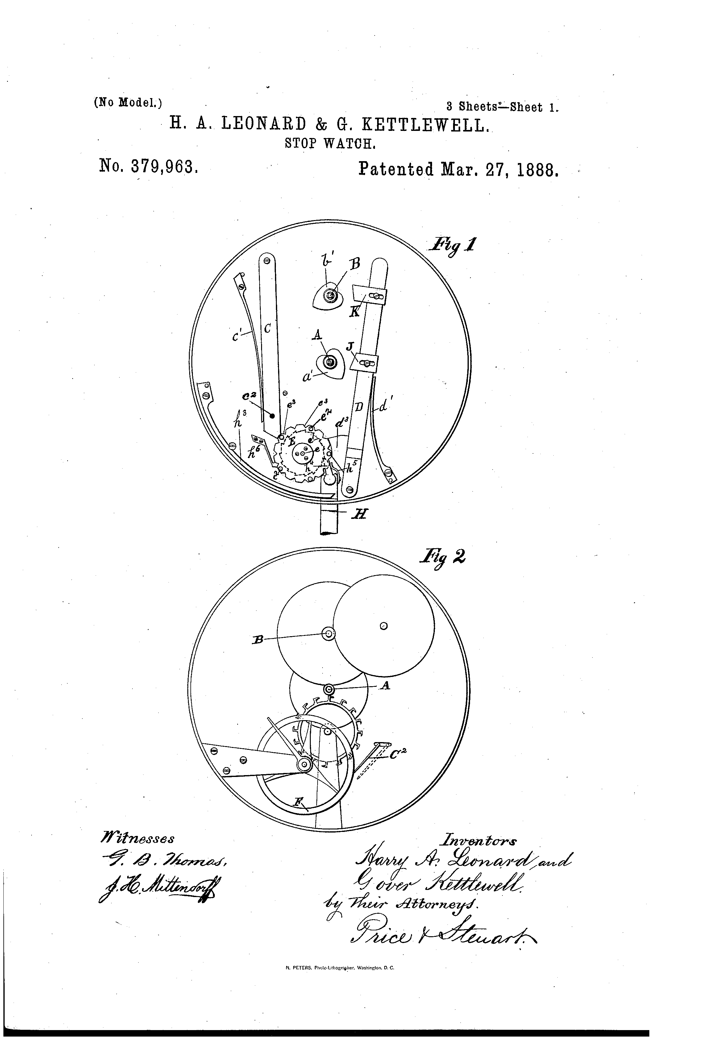 Patent Watch Stop by Harry A. Leonard Issued Mar 27, 1888