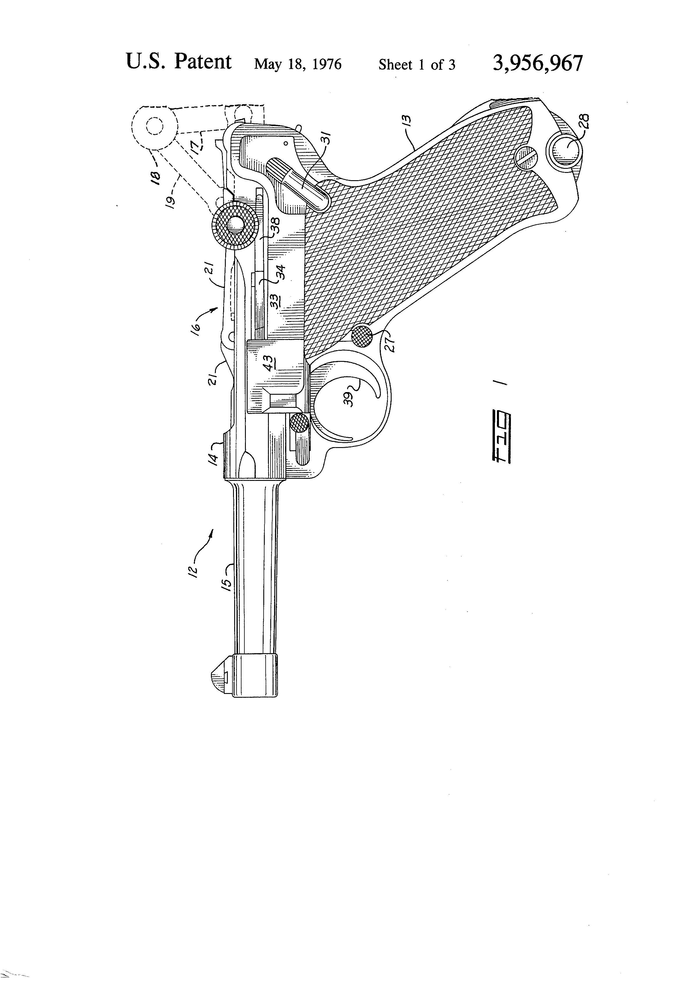 Patent US3956967 - Toggle release for Luger pistol - Google Patents