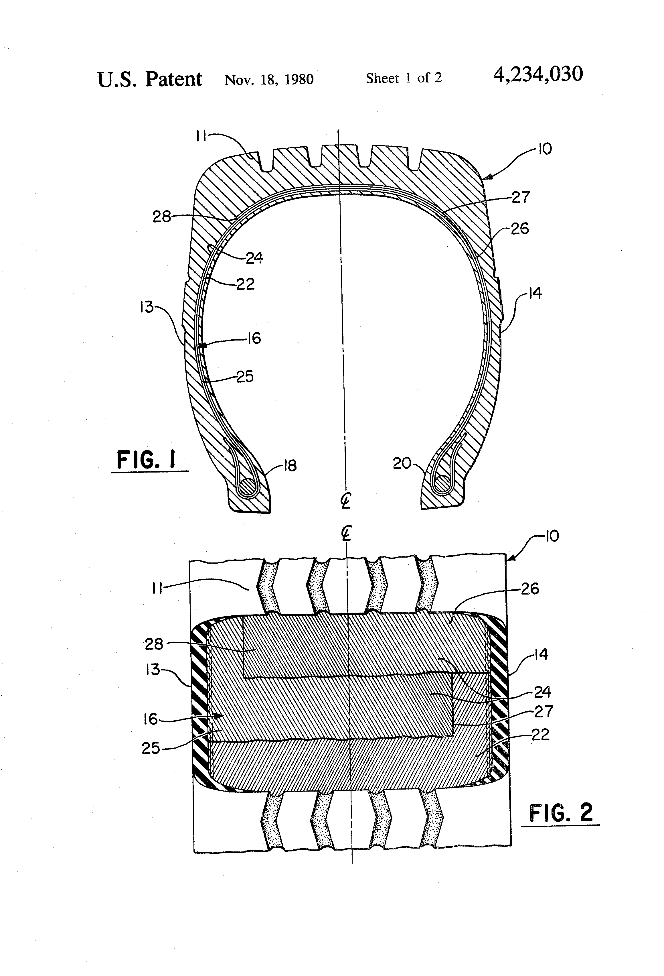Patent US4234030 - Tire carcass structure - Google Patents