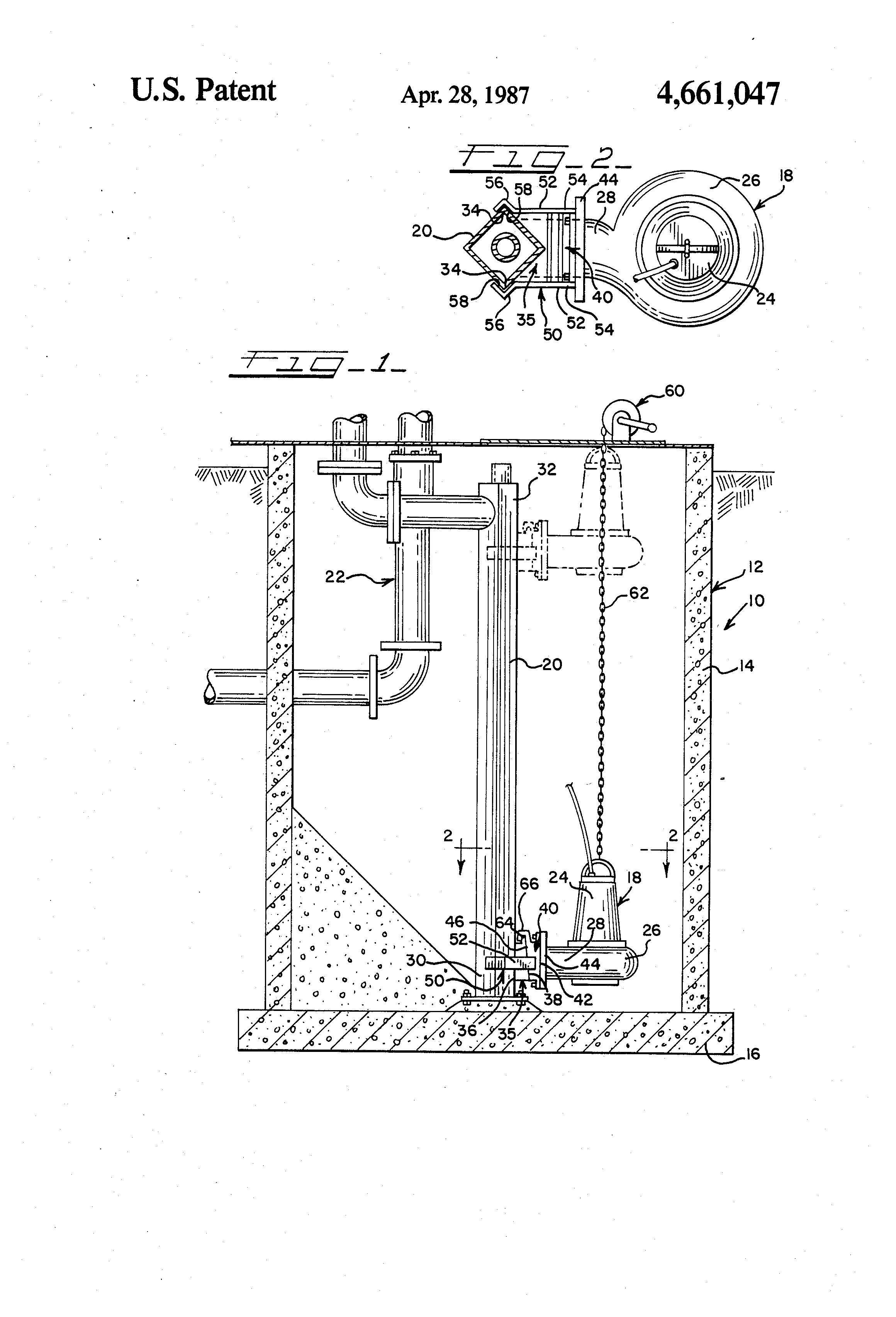 Patent US4661047 - Submersible pump guide rail arrangement - Google Patents