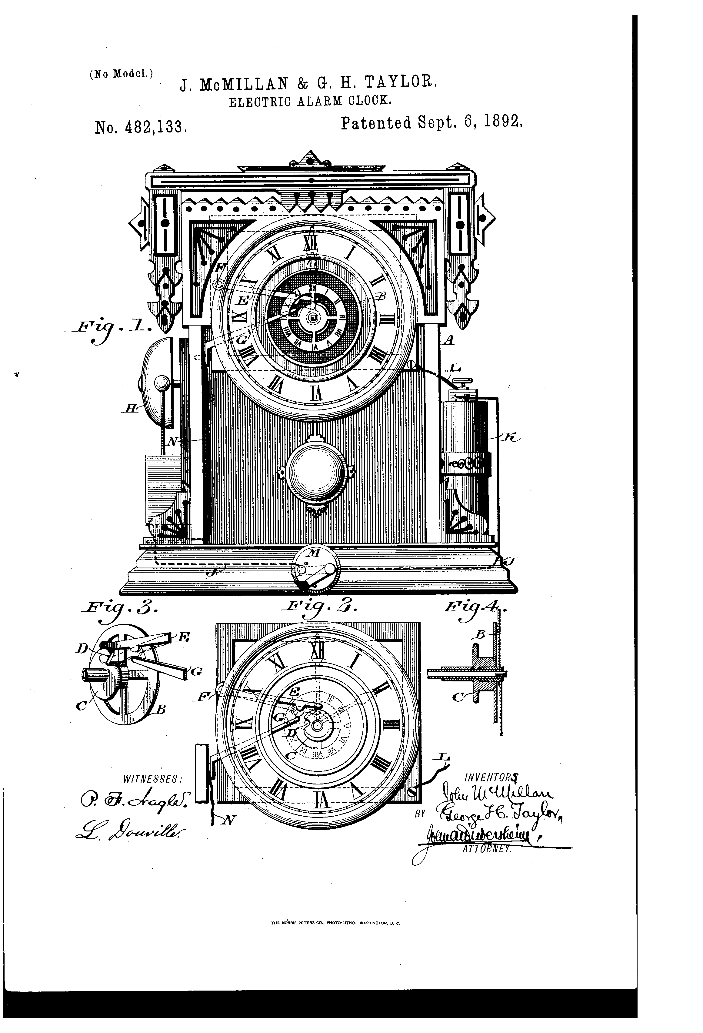 Patent Clock Electric Alarm by Millan John Mc Issued Sep 6, 1892