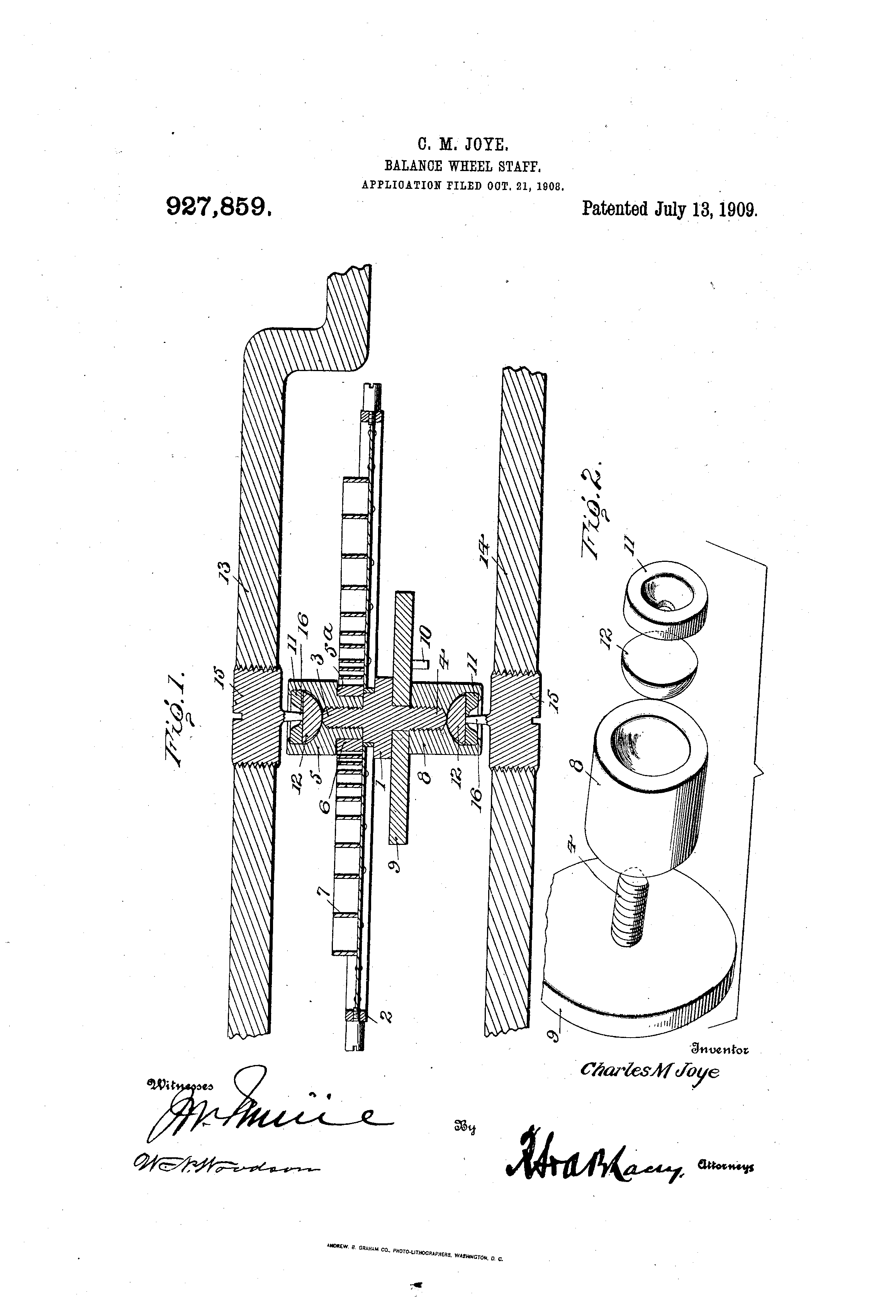 Patent Balance Wheel Staff by Charles Mason Joye Issued Jul 13, 1909
