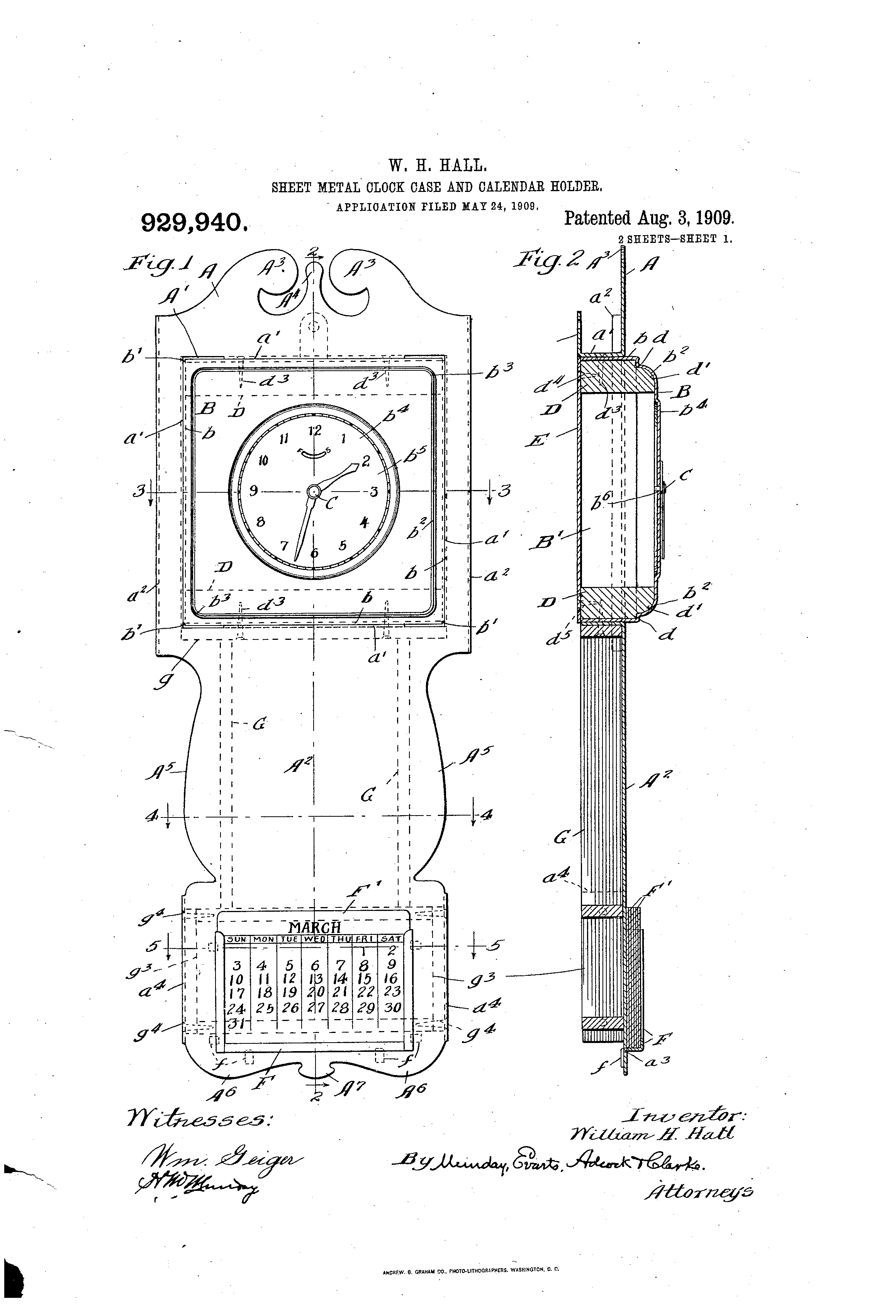 Patent Clock Case & Calendar Holder by William H. Hall Issued Aug 3, 1909